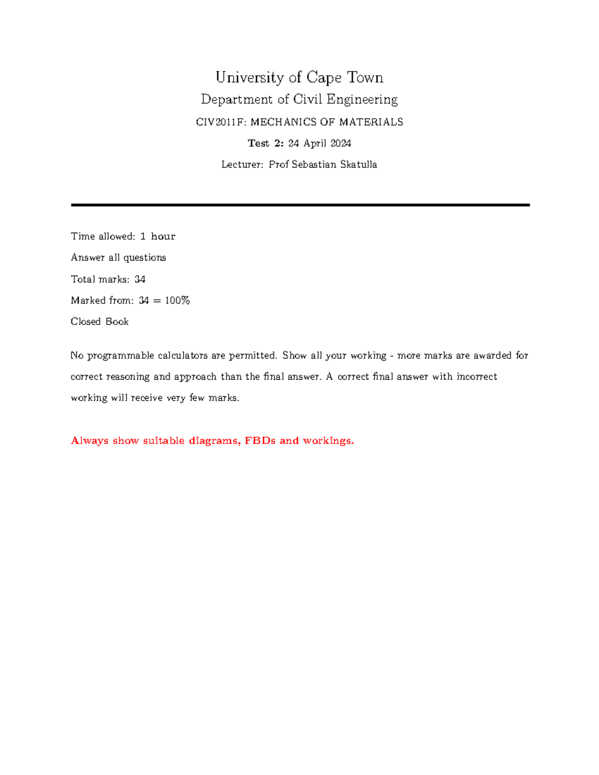 CIV2011 F Test 2 MEMO) 2024 - University of Cape Town Department of ...