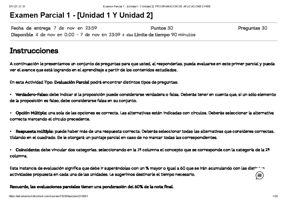 Weba Examen Parcial 1 - [Unidad 1 Y Unidad 2] Programacion DE ...