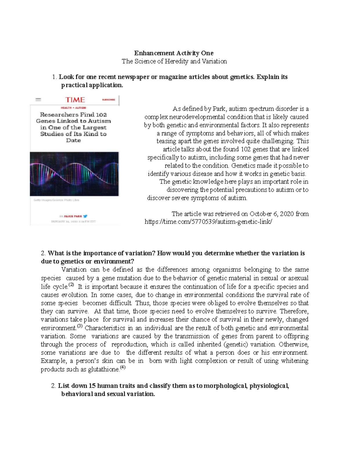 BIOL Enhancement - Science of Heredity and Variation - Enhancement ...