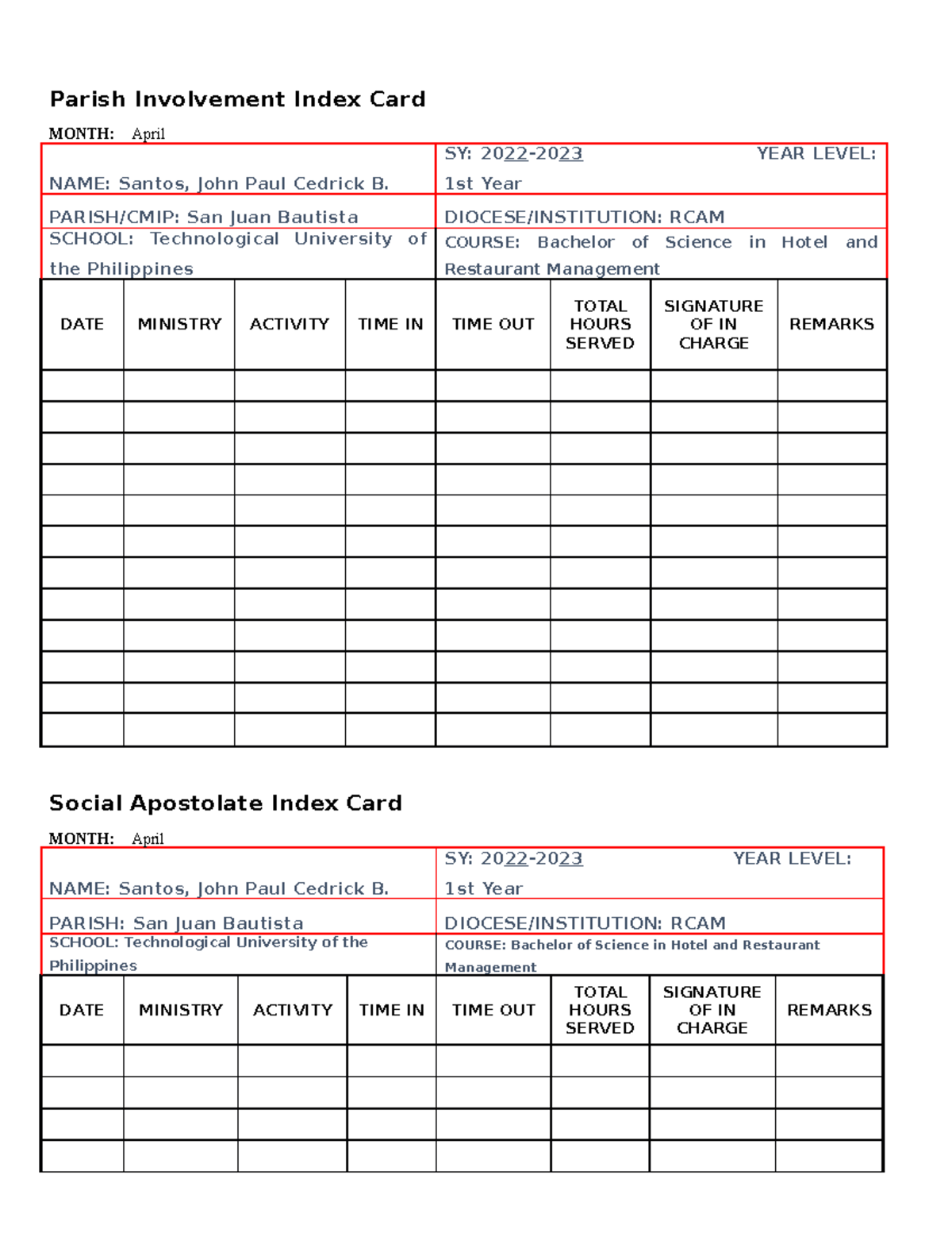 Index Card for Parish Involvement updated format - Parish Involvement ...