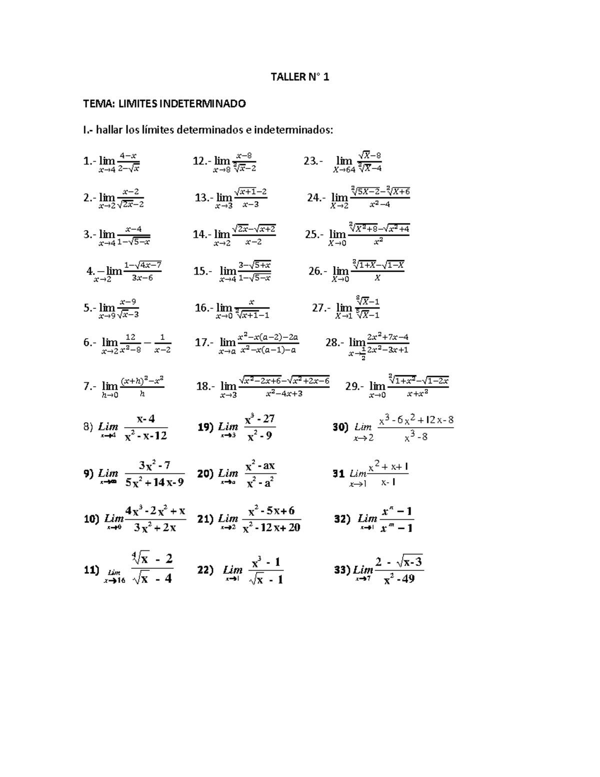 Taller N° 1 Limites Indeterminadopedro - TALLER N° 1 TEMA: LIMITES ...