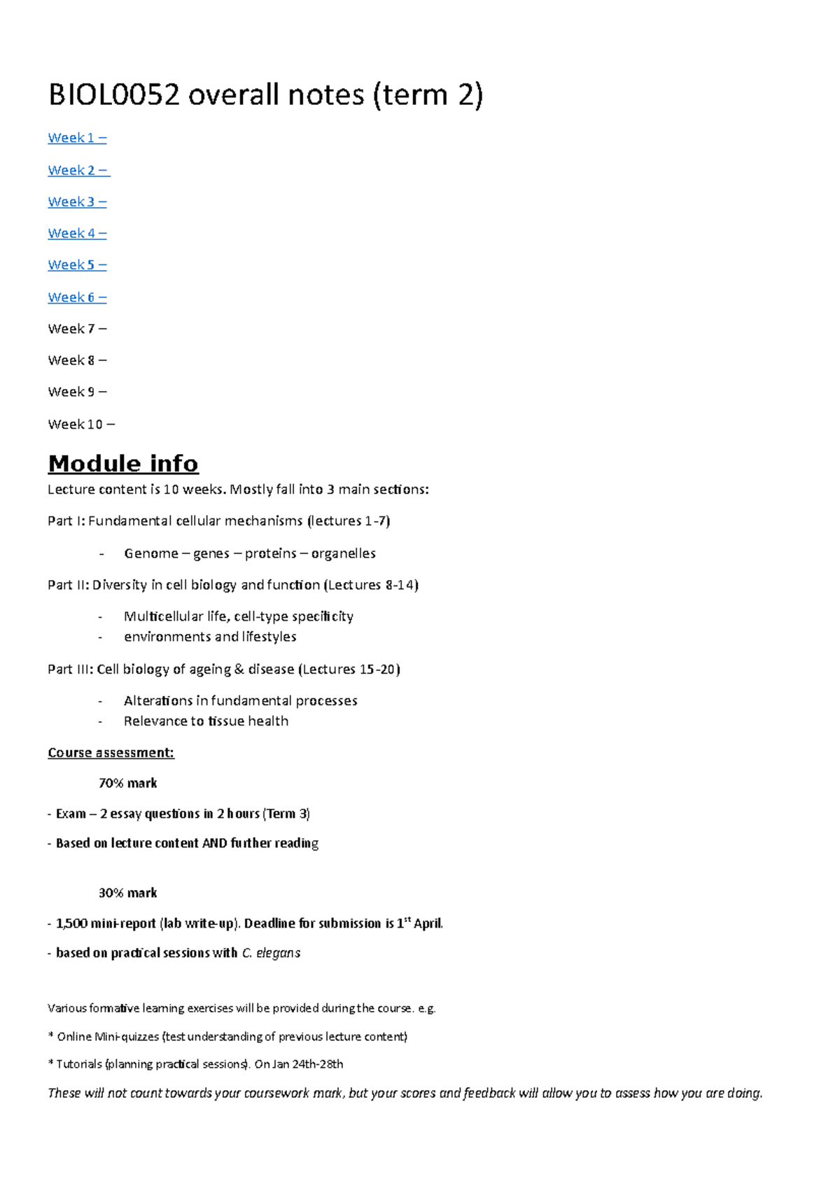 BIOL0052 lectures 1-2 - BIOL0052 overall notes (term 2) Week 1 – Week 2 ...