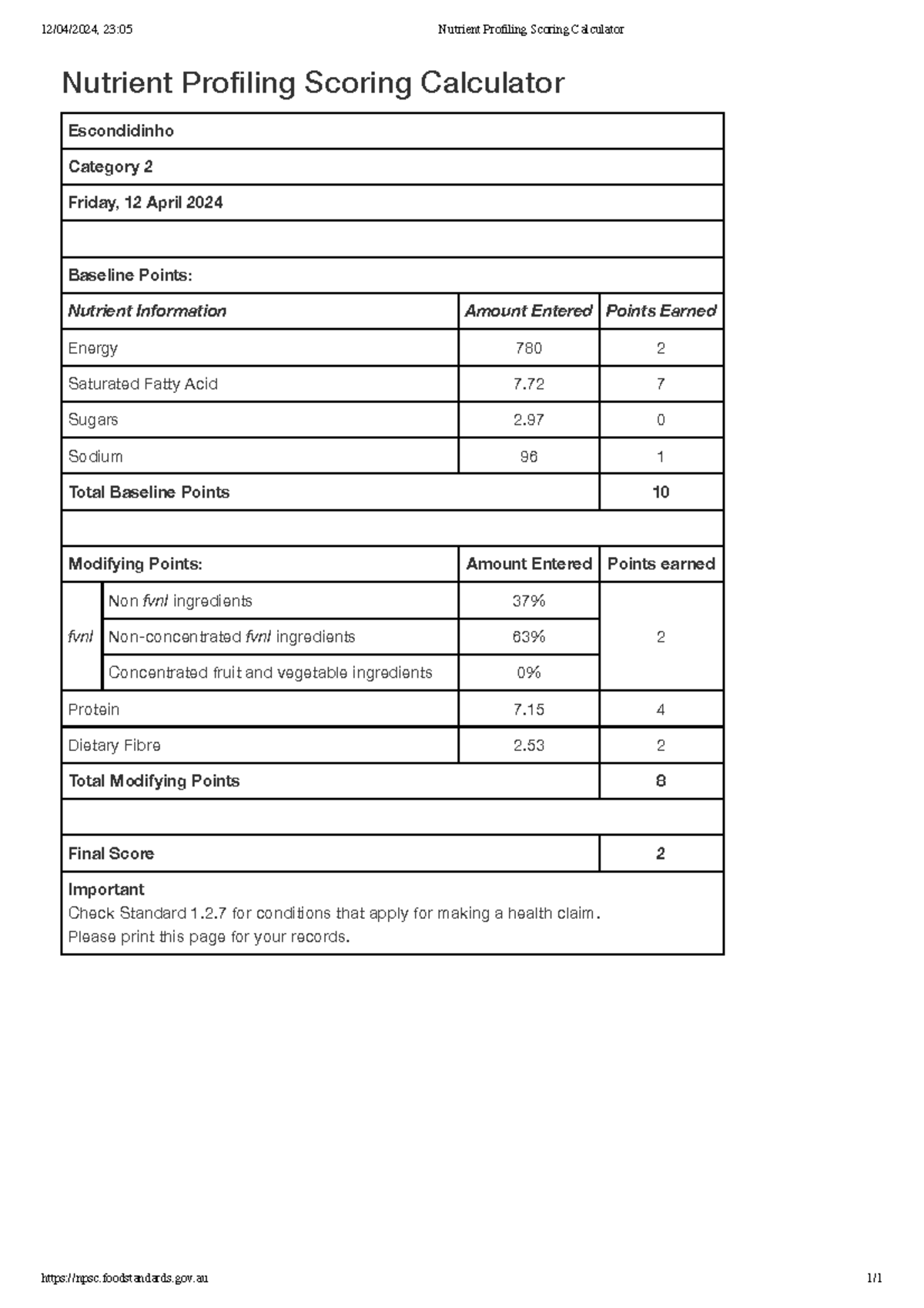 Nutrient Profiling Scoring Calculator - foodstandards.gov 1/ Nutrient ...