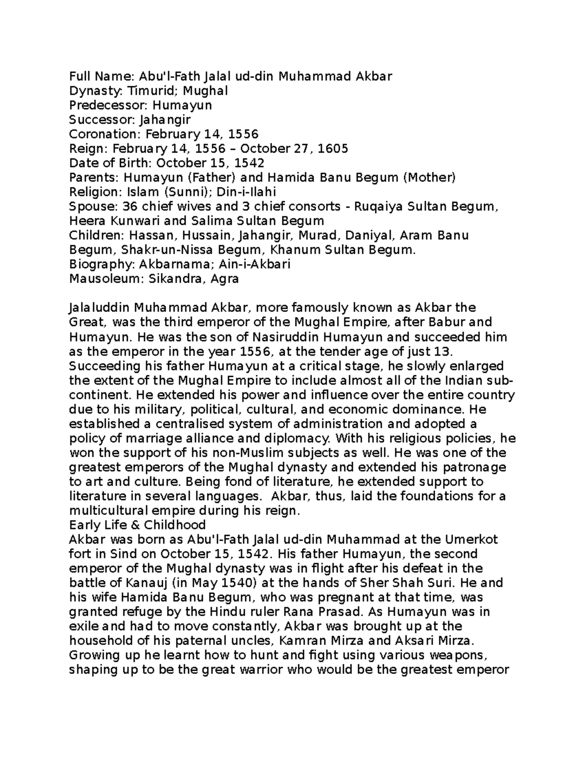 Akbar - Full Name: Abu'l-Fath Jalal ud-din Muhammad Akbar Dynasty: Timurid; Mughal Predecessor ...