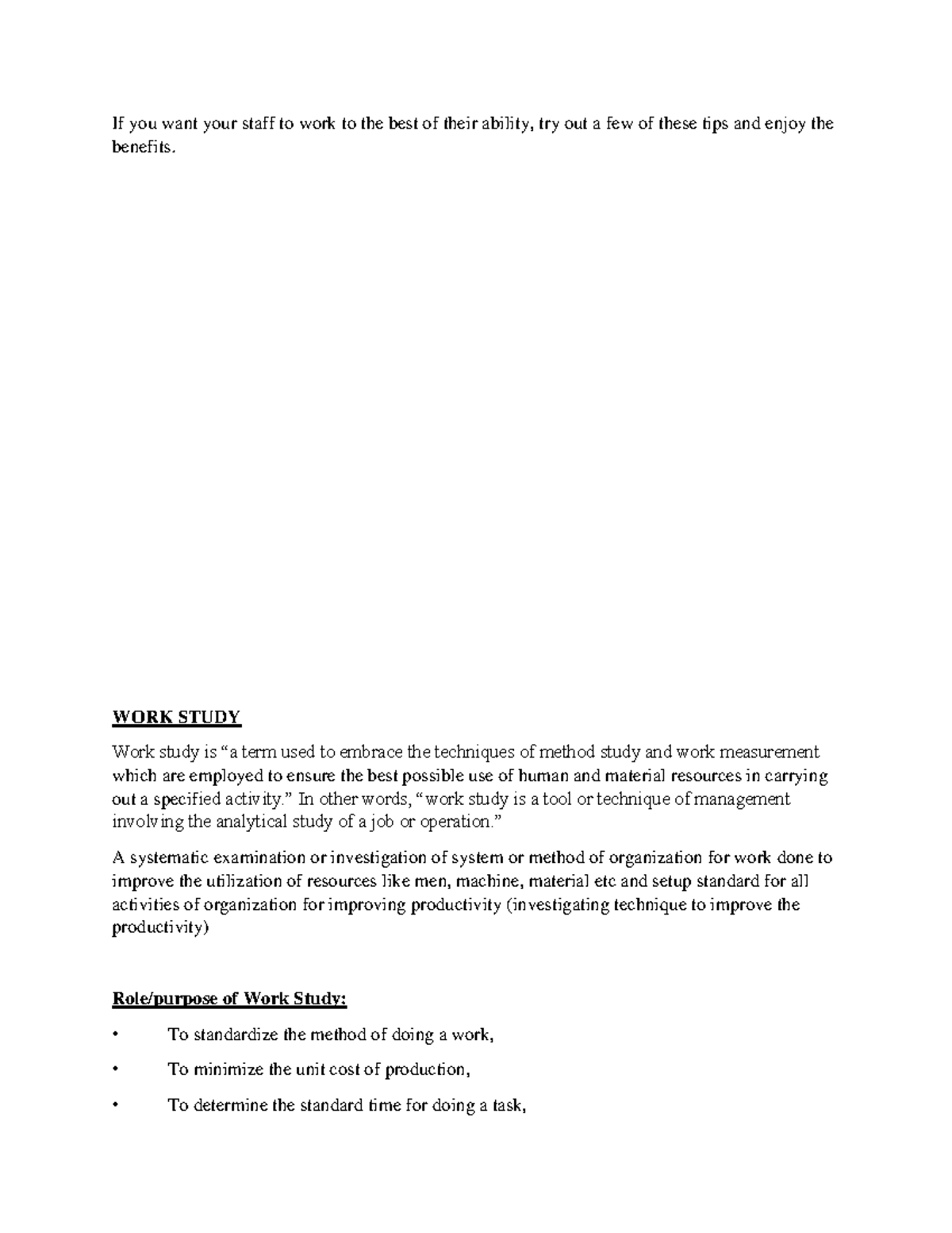 Topic 7 - Work Study Notes - If you want your staff to work to the best ...