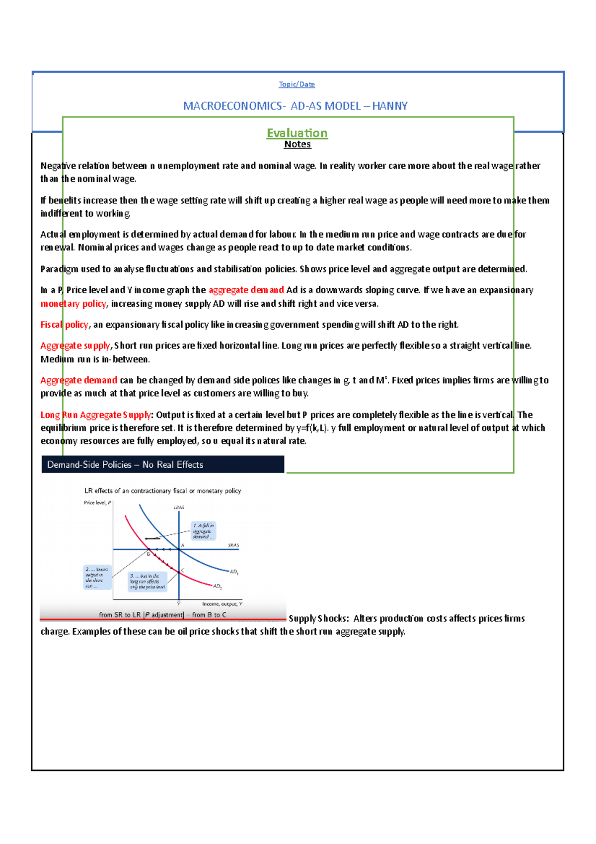 Week 9 AD-AS Model - Lecture Notes - Topic/Date MACROECONOMICS- AD-AS ...