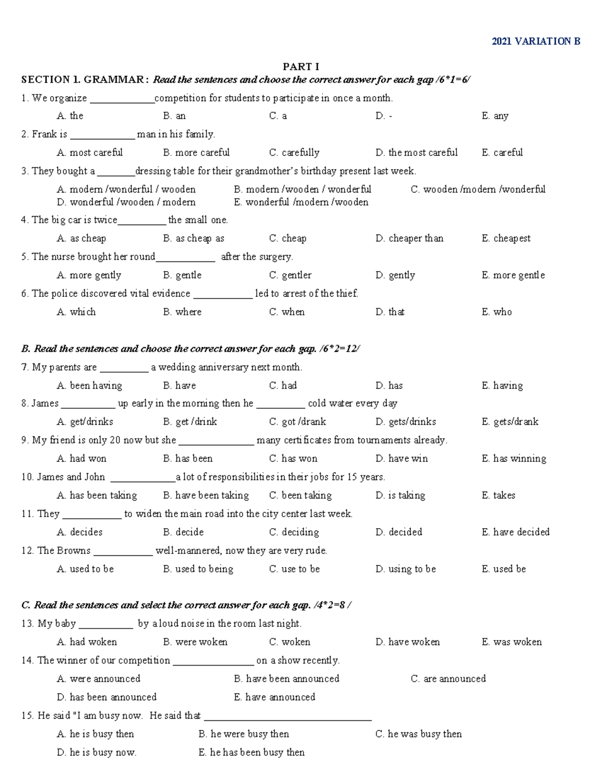 2021- Variation-B - additional material - PART I SECTION 1. GRAMMAR : Read the sentences and ...