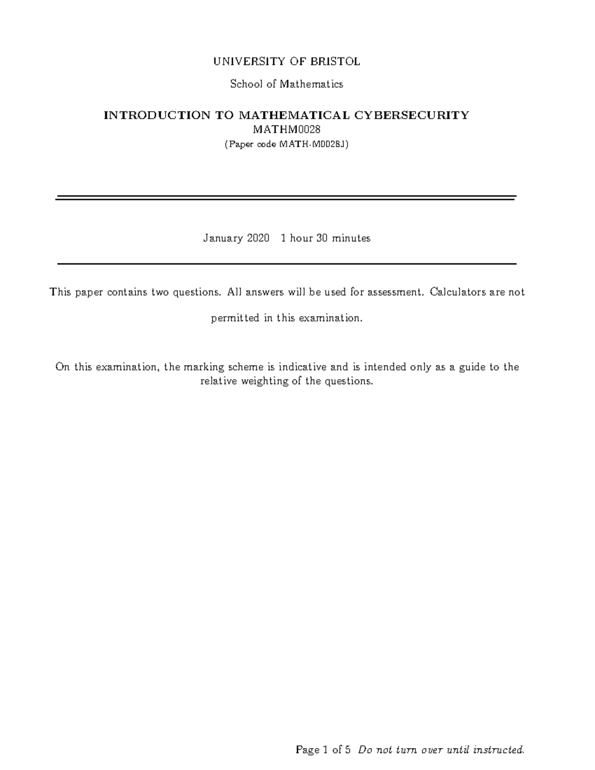 Introduction to Mathematical Cybersecurity Exam 2020 - UNIVERSITY OF ...