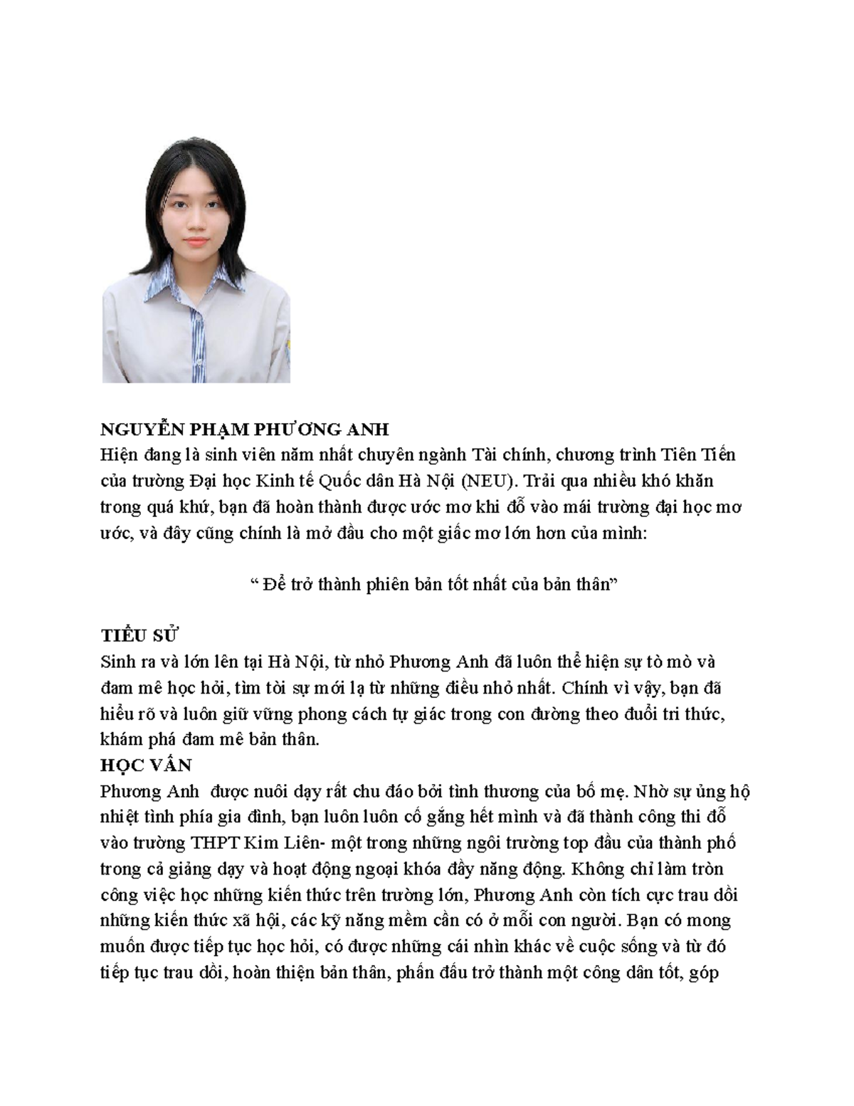 Tctt 65a Profile Nguyễn Phạm Phương Anh NguyỄn PhẠm PhƯƠng Anh Hiện đang Là Sinh Viên Năm Nhất