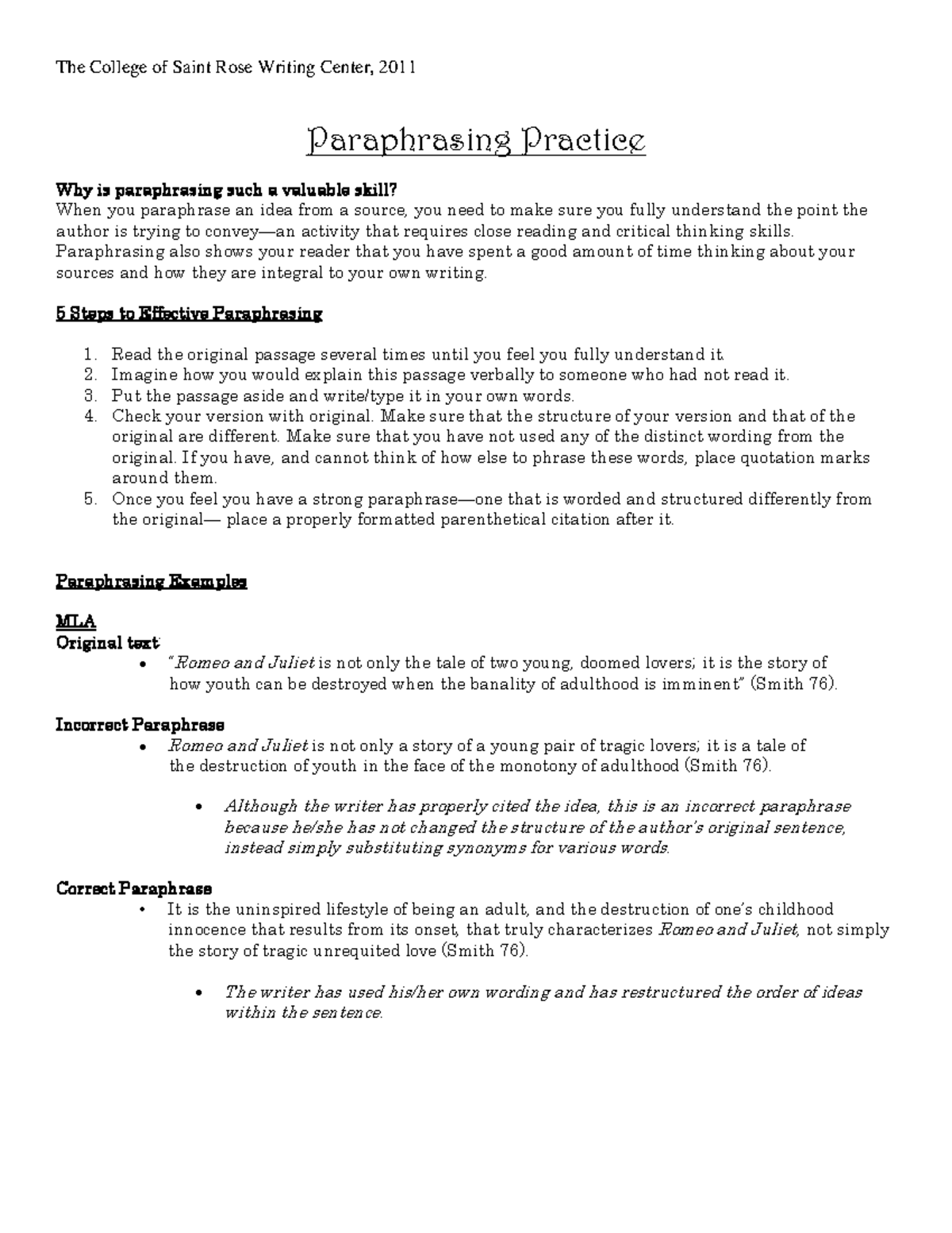 Paraphrasing-Practice 11 - The College of Saint Rose Writing Center ...