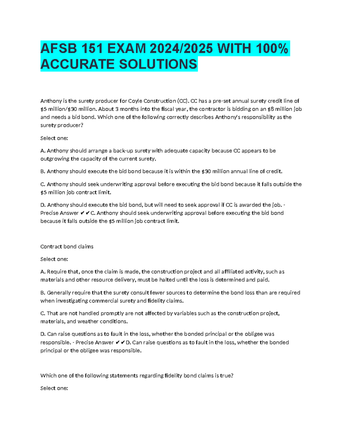 AFSB 151 - AFSB 151 CHF - AFSB 151 EXAM 2024/2025 WITH 100% ACCURATE ...