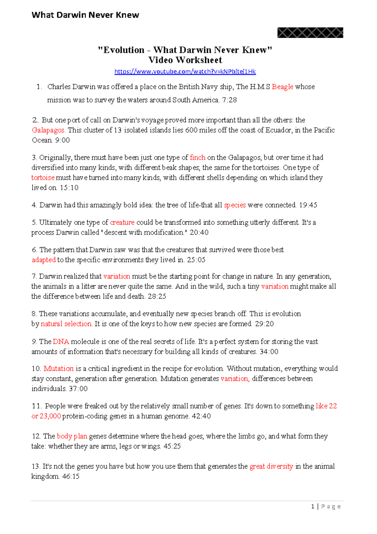 Darwin Movie-Questions - What Darwin Never Knew 1 | Page "Evolution ...