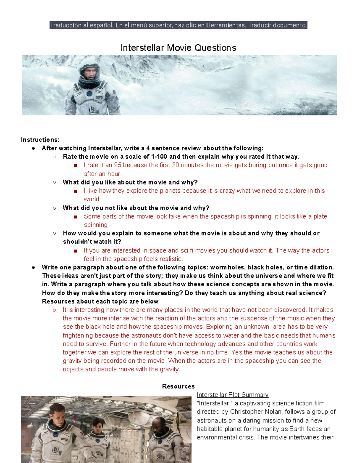 JOSE Cardenas - Interstellar Review and Paragraph - Traducción al ...