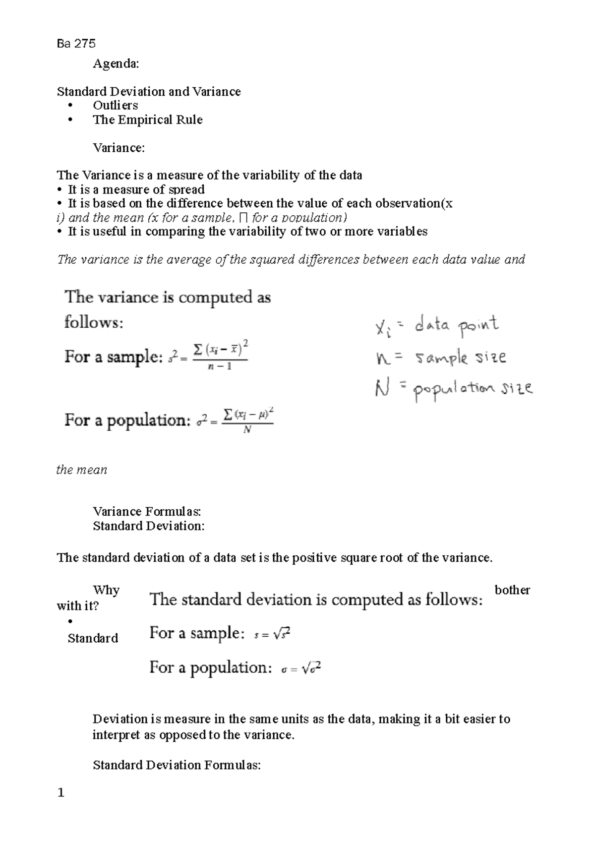 BA275 Day2 - day 2 notes - Agenda: Standard Deviation and Variance ...
