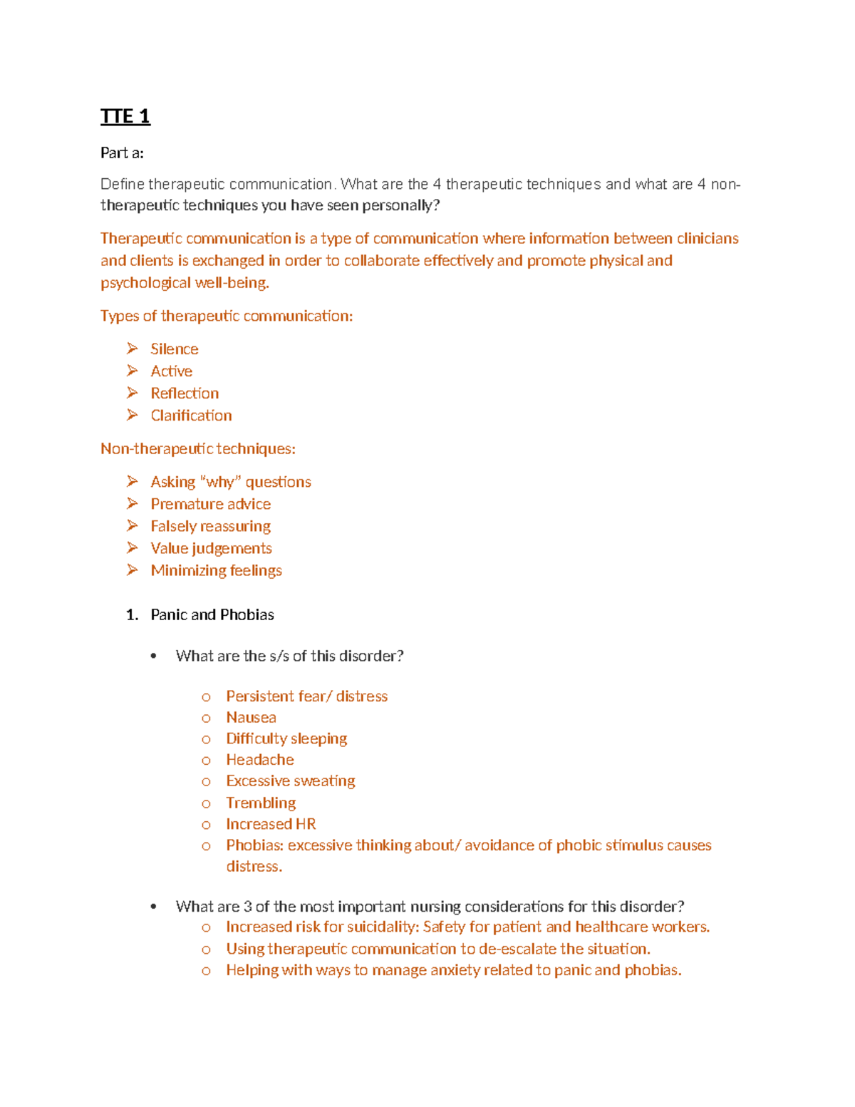 Anxiety Disorder TTE 1 - TTE 1 Part a: Define therapeutic communication ...