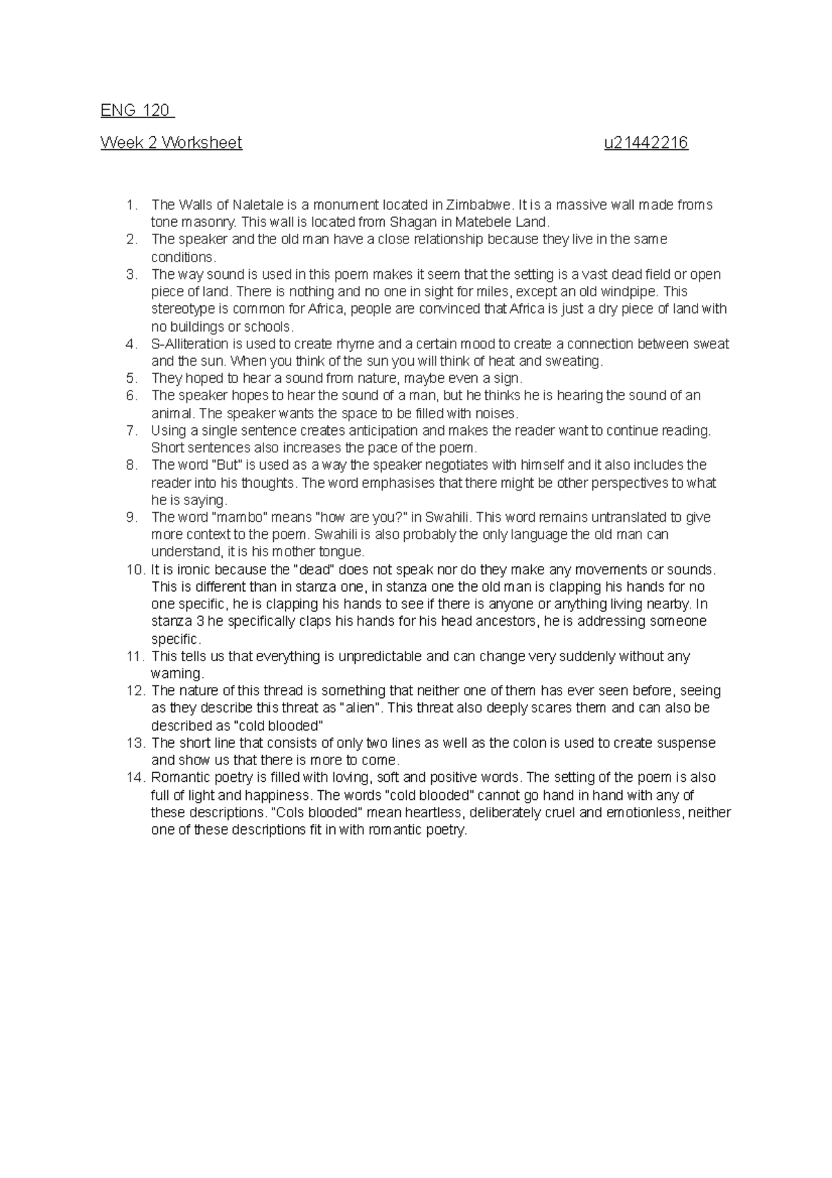 Worksheet 2 - ENG 120 Week 2 Worksheet u The Walls of Naletale is a ...