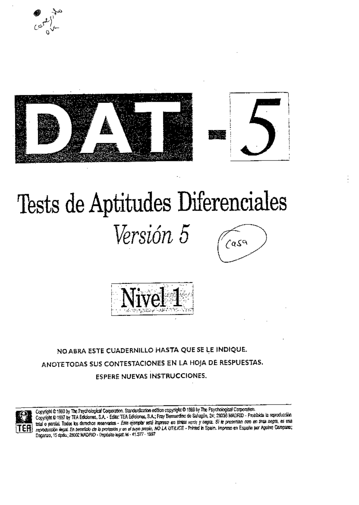 Cuadernillo Test DAT 5 Nivel 1 - cortsito ov Tests de Aptitudes ...