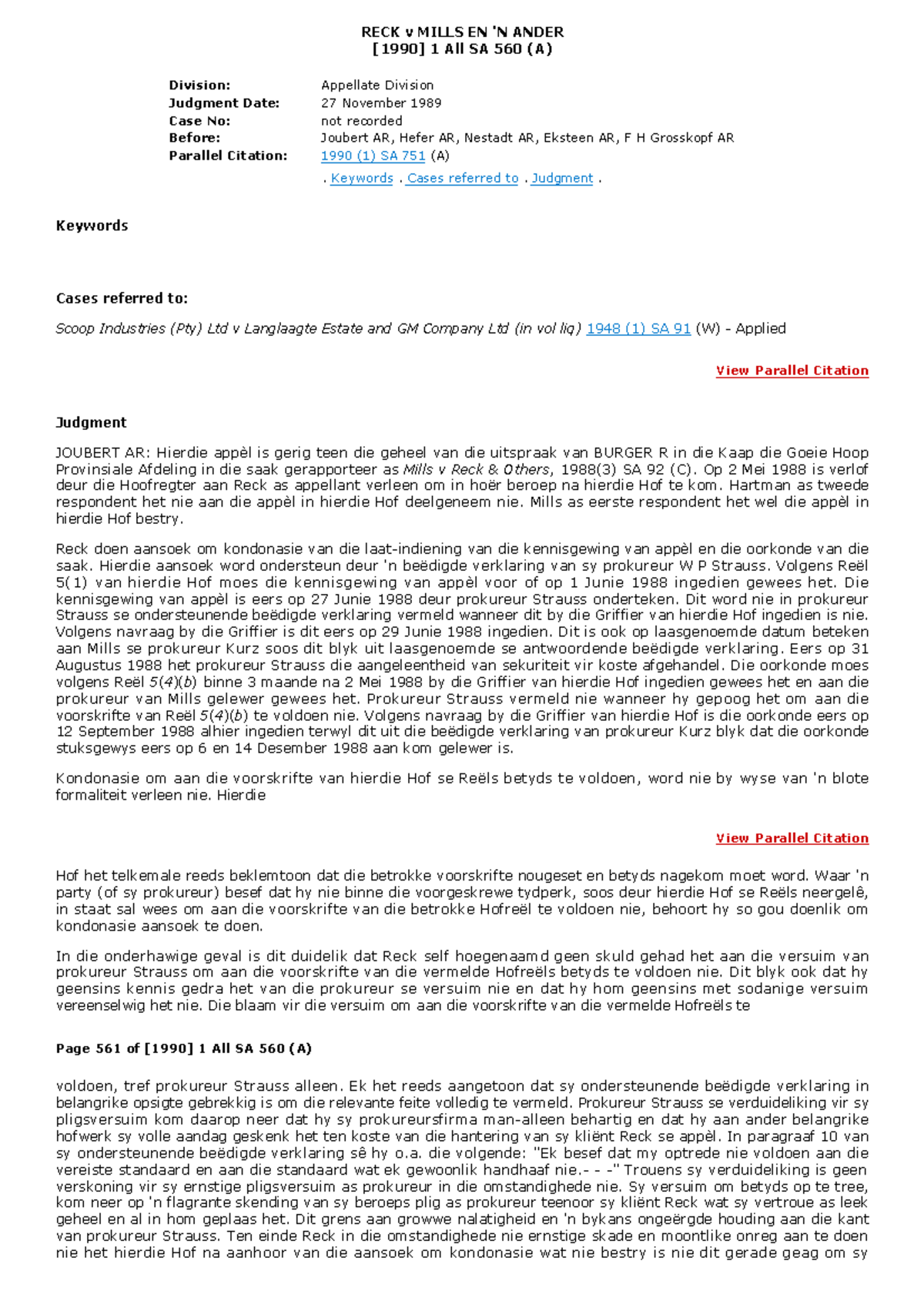 RECK v Mills EN 'N Ander [1990] 1 All SA 560 (A) - RECK v MILLS EN 'N ANDER [1990] 1 All SA 560 ...