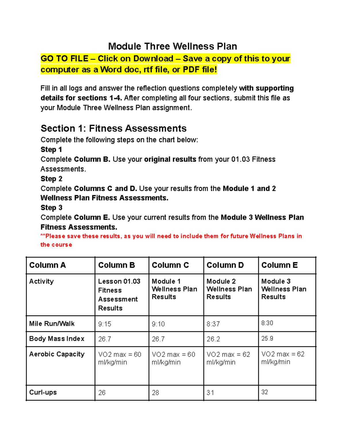 Module Three Wellness Plan - After completing all four sections, submit ...