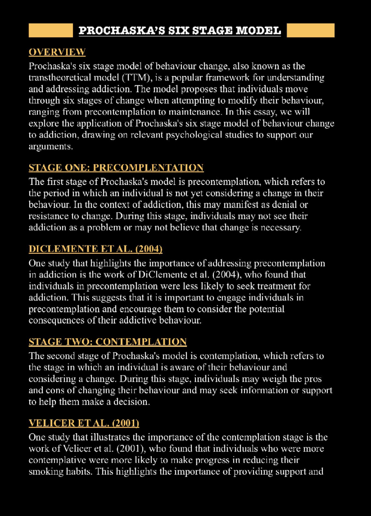 Notes: Application of Prochaska’s Six Stage Model of Behaviour to ...