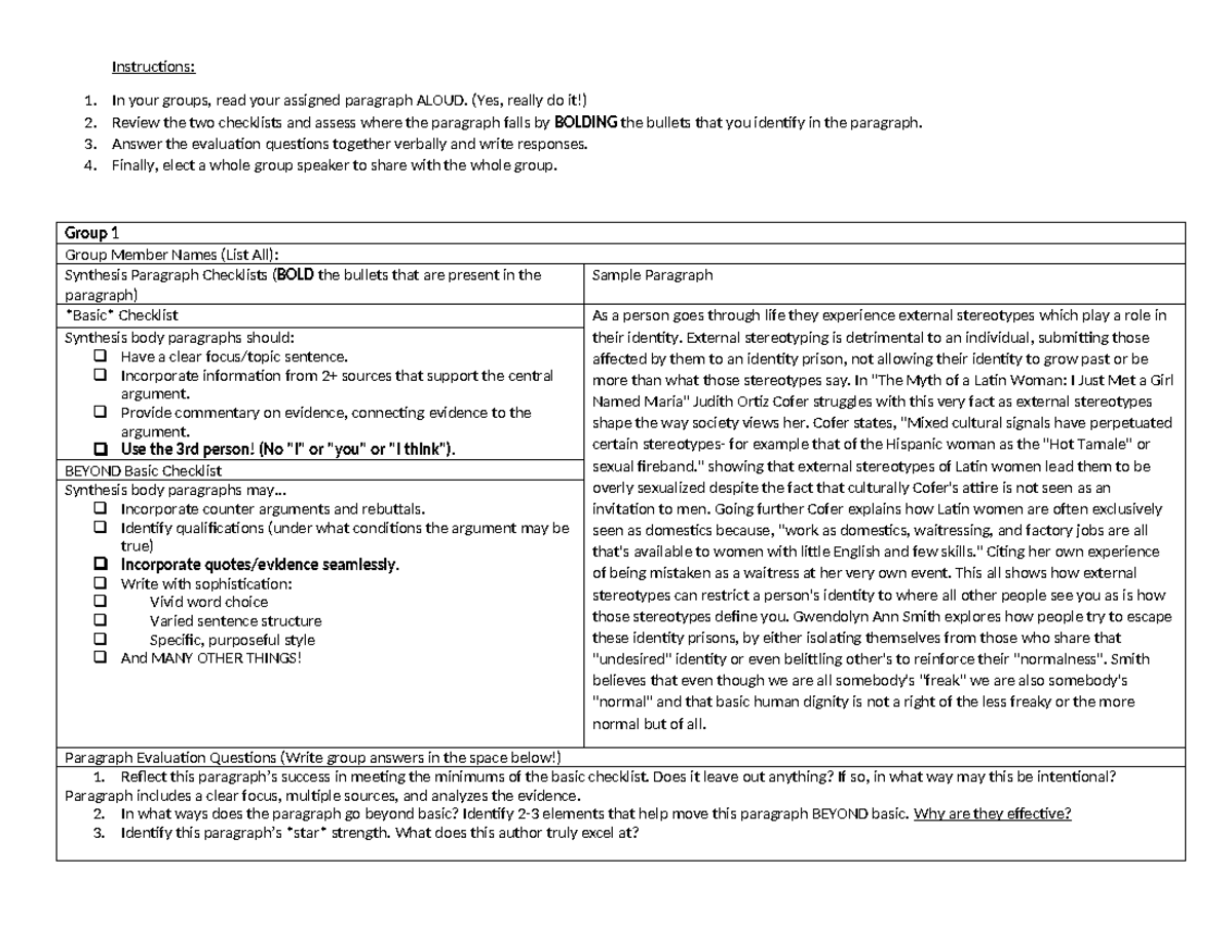 Synthesis Paragraph Exemplar Analysis (23-24) - Instructions: In your ...