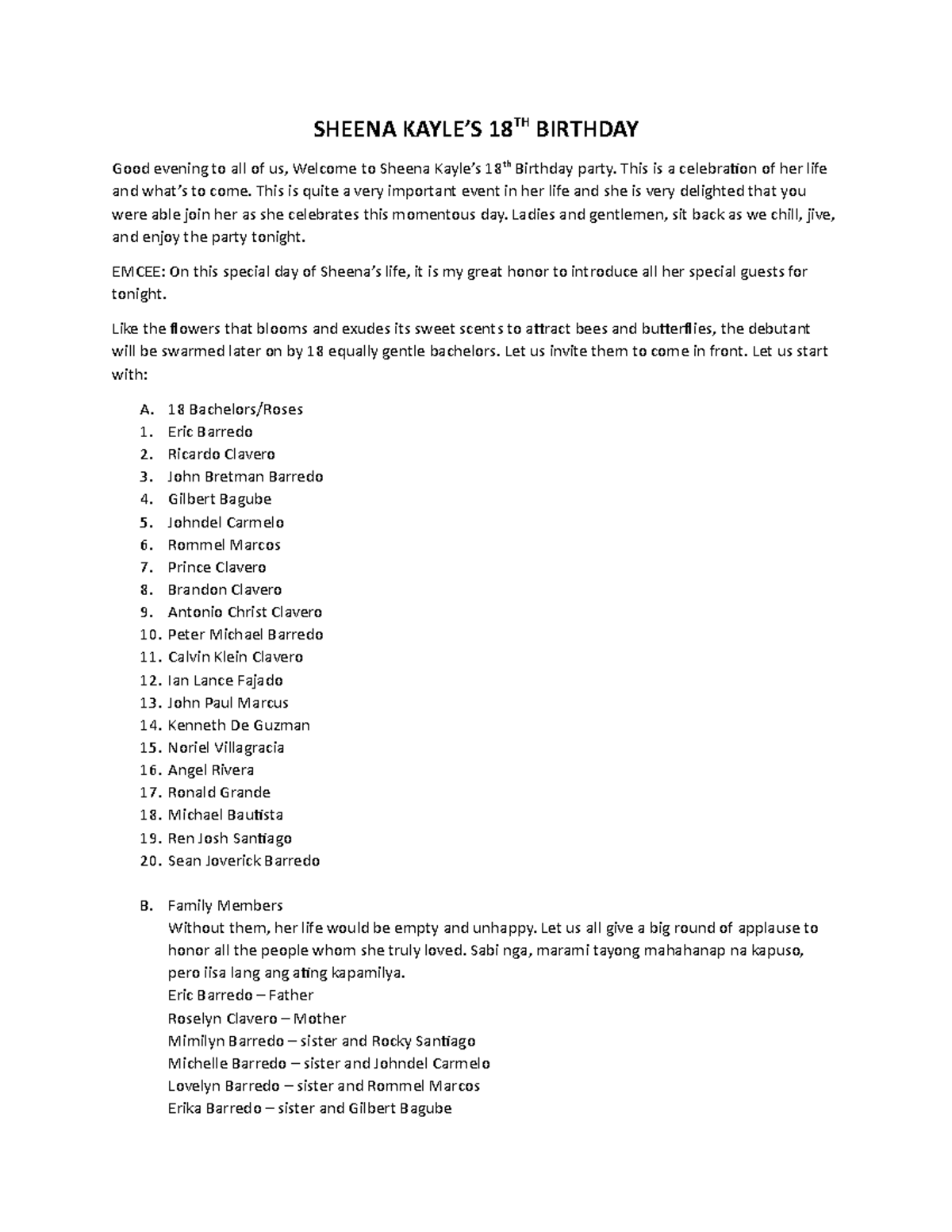 303168328-Debut-Script - SHEENA KAYLE’S 18 TH BIRTHDAY Good evening to ...