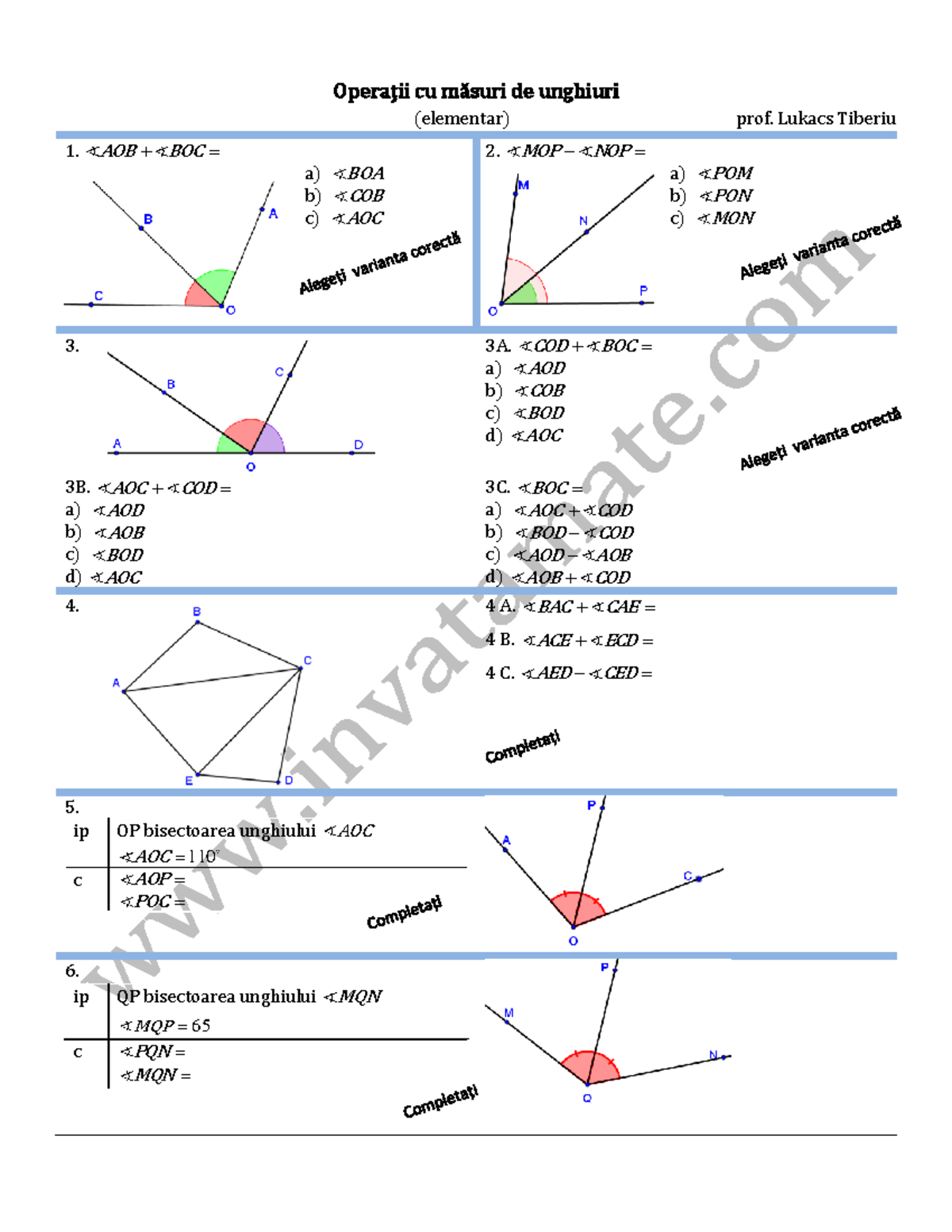 Operații cu măsuri de unghiuri elementar - Lukacs Tiberiu 1. AOB + BOC ...