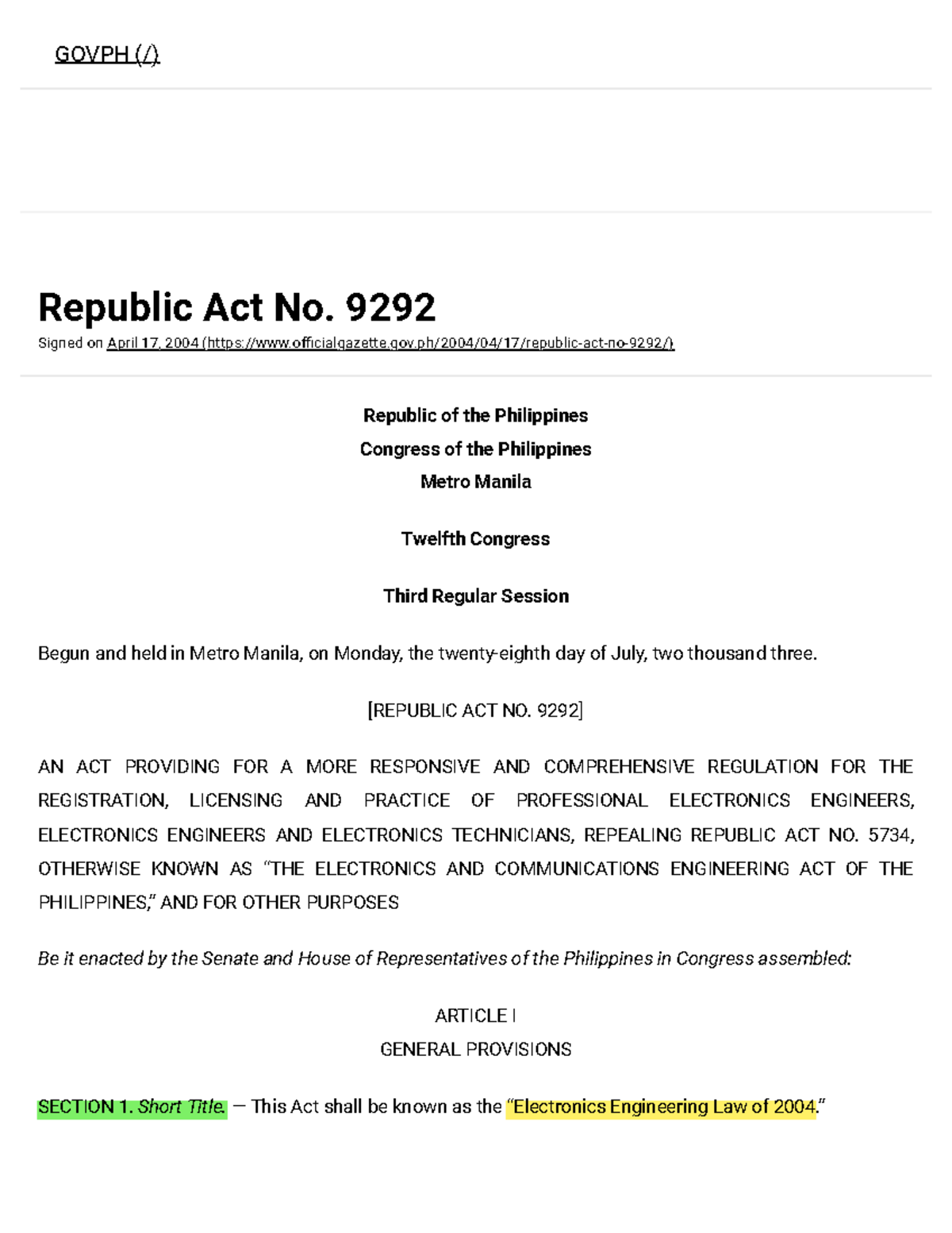 Republic Act No. 9292 Official Gazette of the Republic of the Philippines - Republic Act No ...