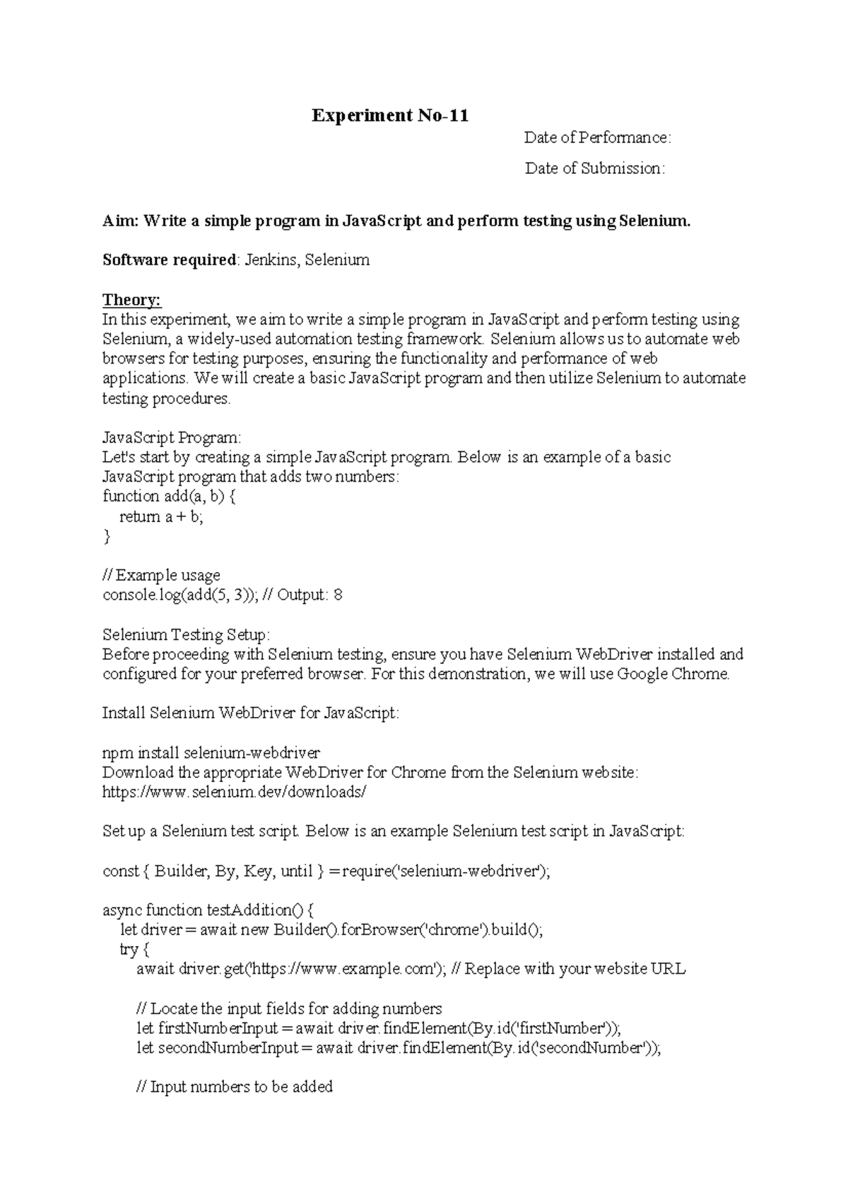 SEPM exp 11 - Experiment No- Date of Performance: Date of Submission: Aim: Write a simple ...