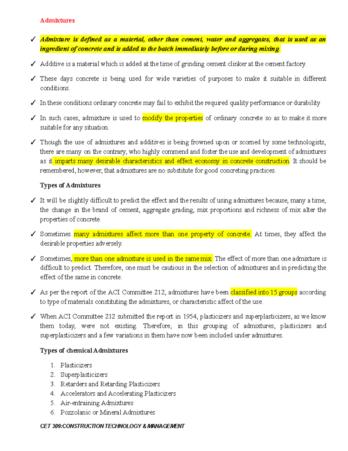 Chemical Admixtures - Lecture ppt note - Admixtures Admixture is ...