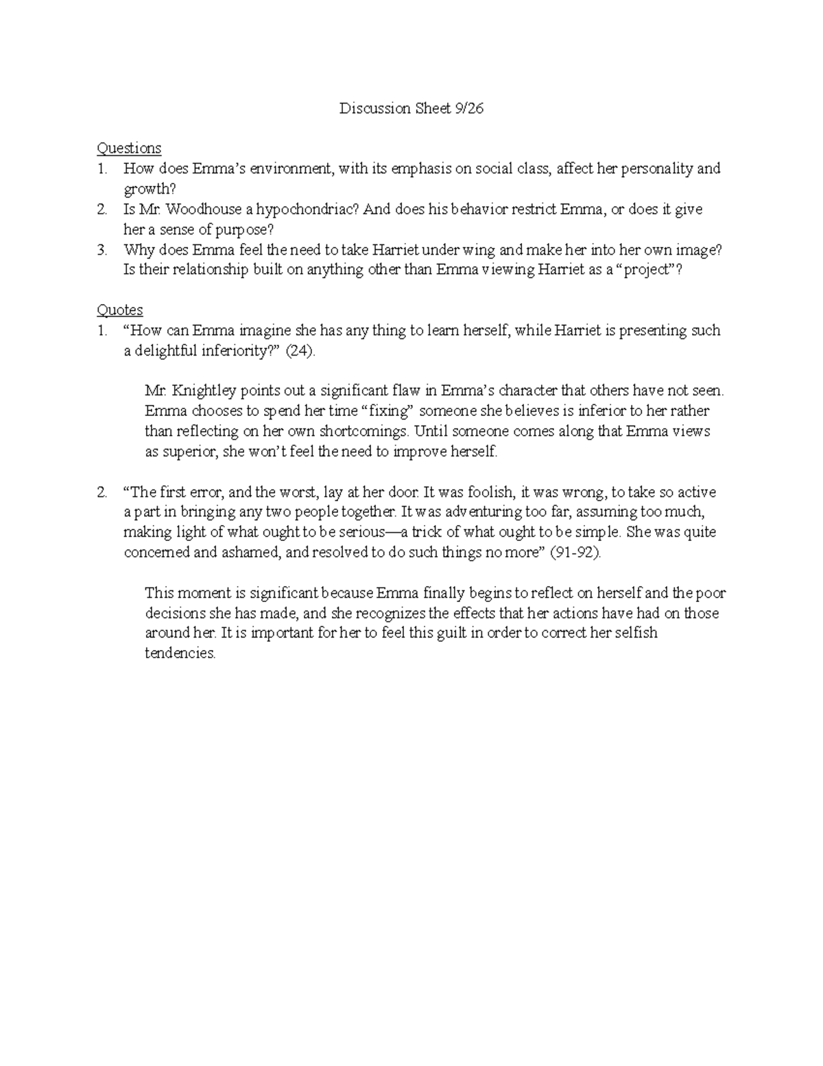 "Emma" Discussion Sheet 9:26 - Discussion Sheet 9/ Questions How does ...