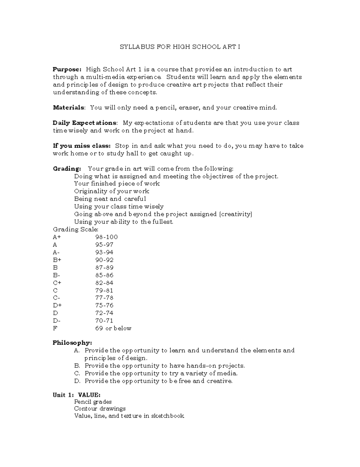 Syllabus FOR HIGH School ART - SYLLABUS FOR HIGH SCHOOL ART I Purpose ...
