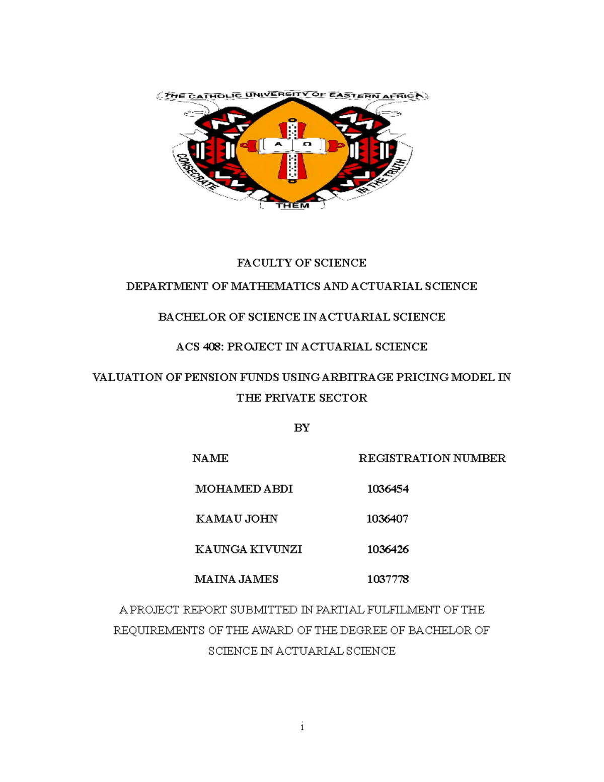 Project in actuarial science - FACULTY OF SCIENCE DEPARTMENT OF ...