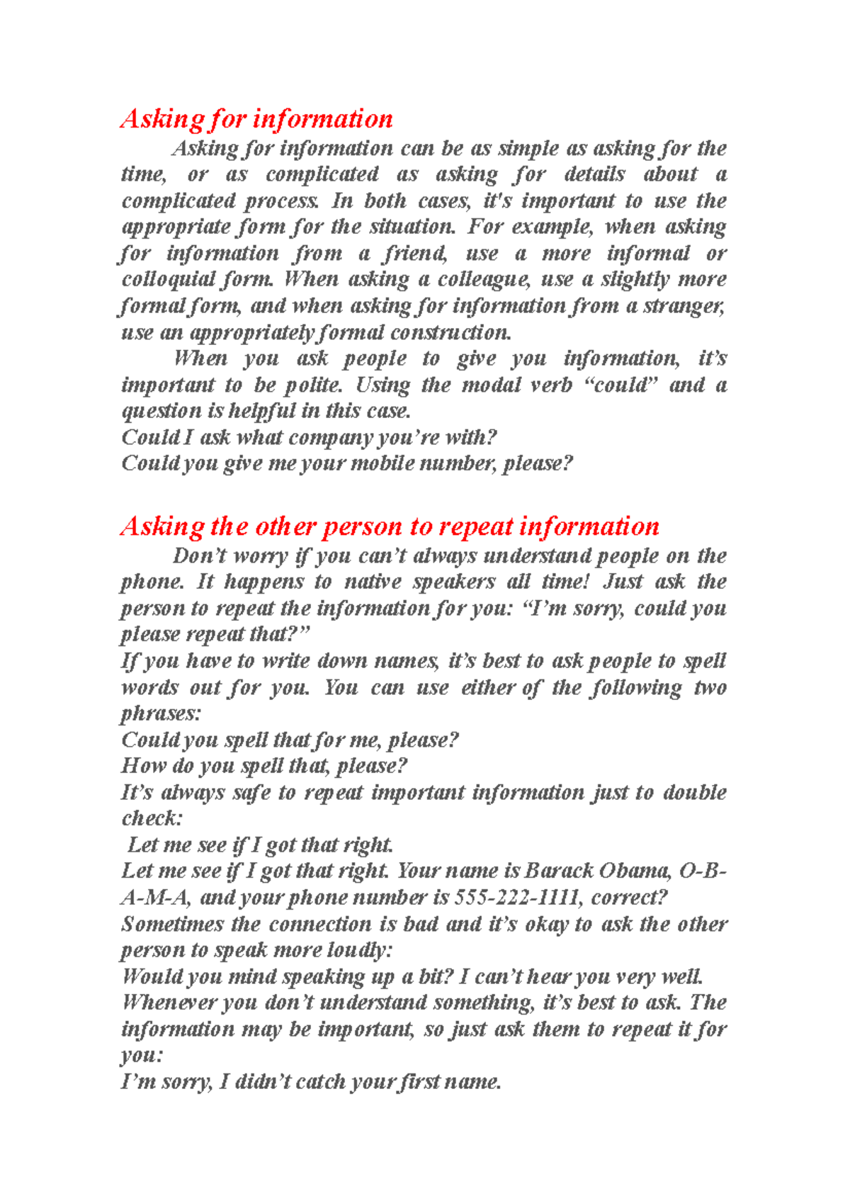 Exposicion ingles - Telephone - Asking for information Asking for ...