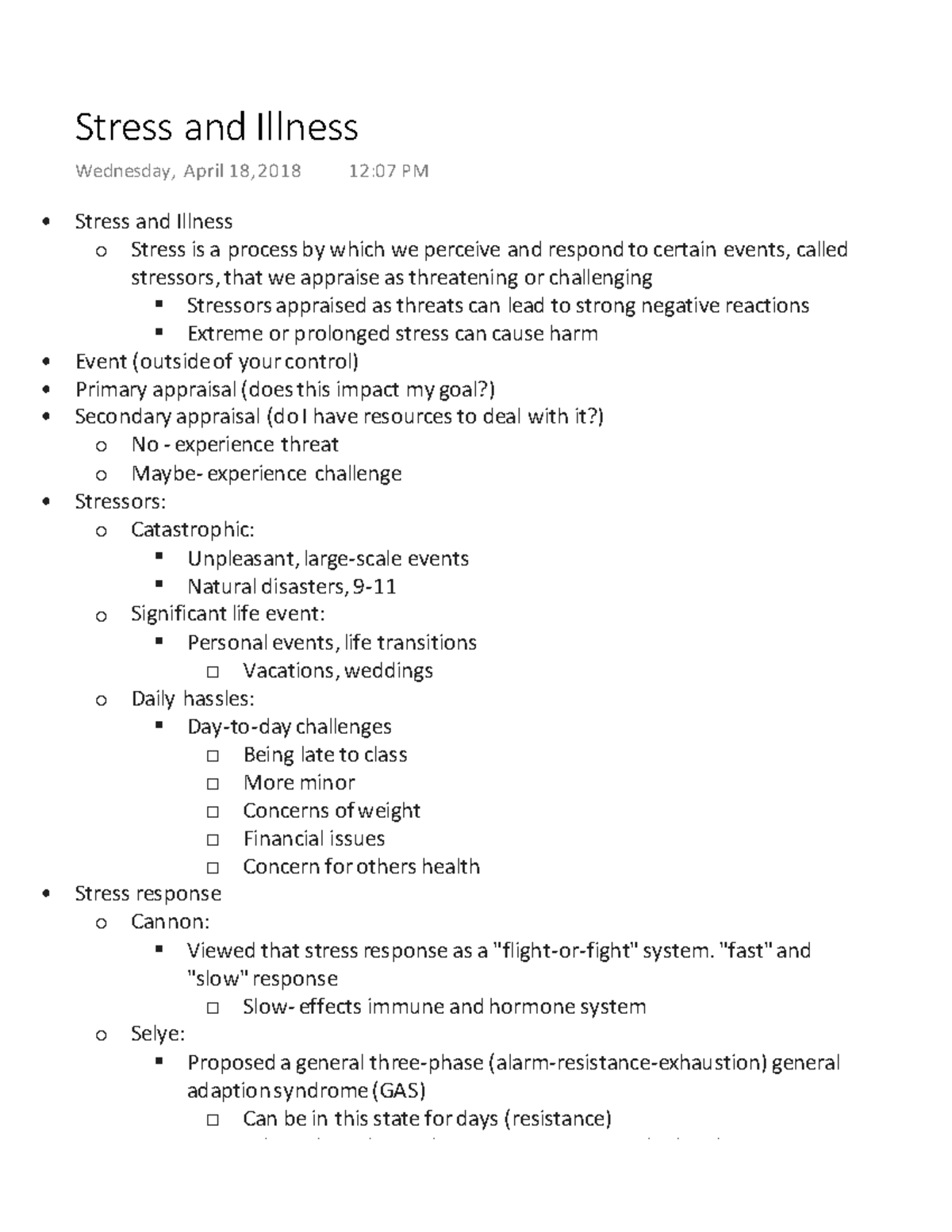 Stress and Illness - Lecture notes 30 - Stress and Illness Wednesday ...