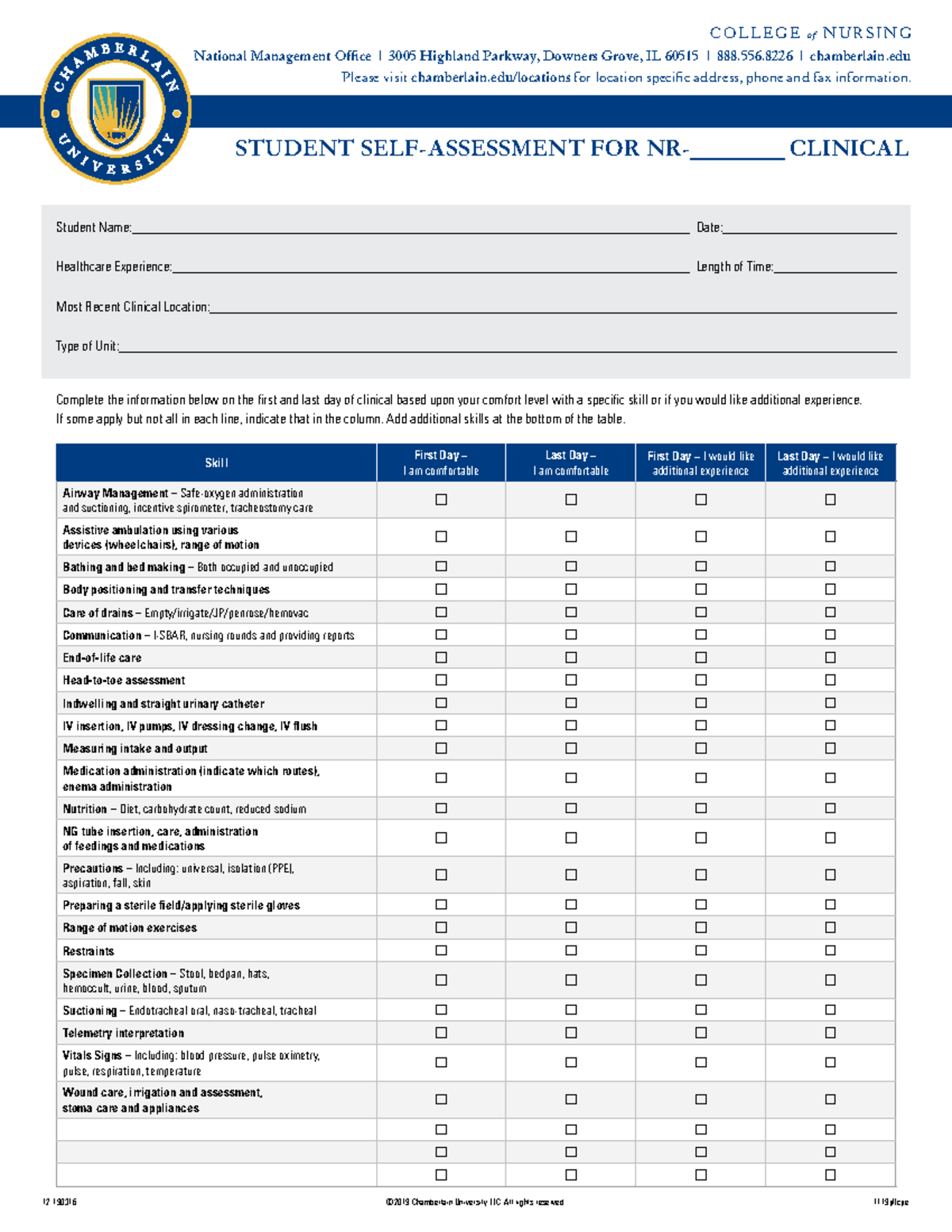 Student Self-Assessment - 12-190316 ©2019 Chamberlain University LLC ...