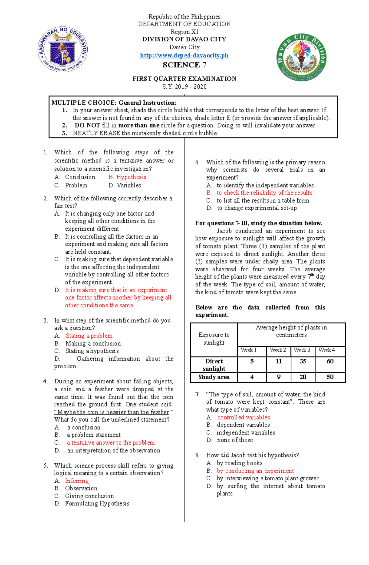 G7 Q1 SY 2019 2020 - SCIENCE 7 QUARTERLY ASSESSMENT - Which of the ...