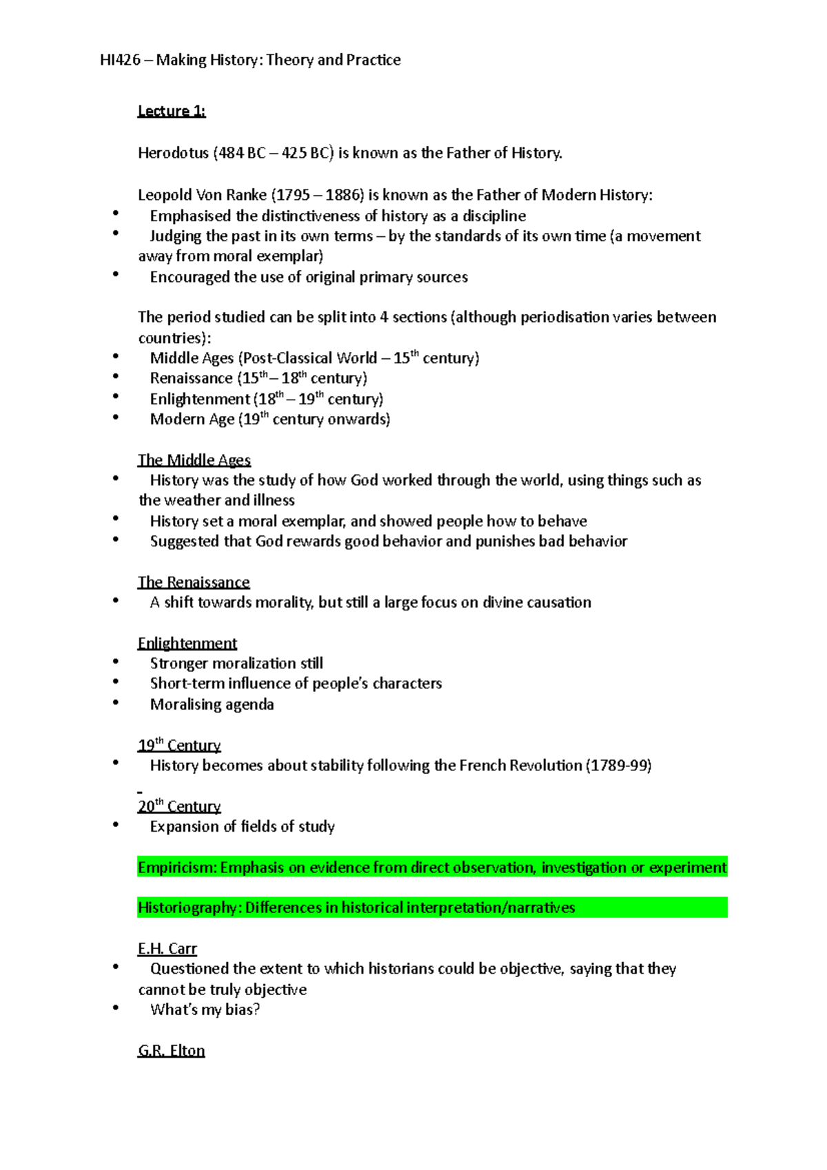 HI426 - Lecture Notes - Convened by Amy Blakeway at the University of ...