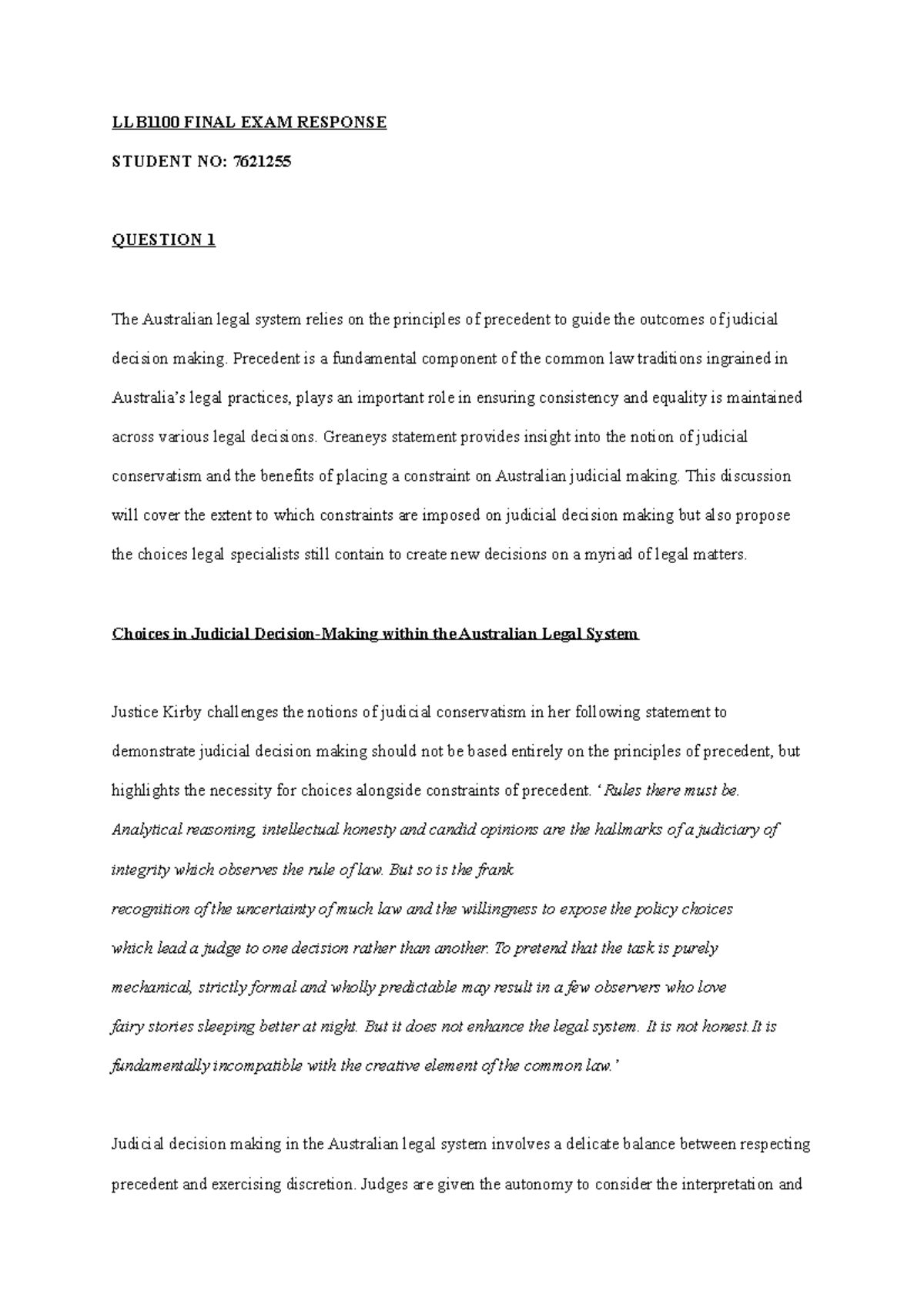 LLB1100 EXAM Response - LLB1100 FINAL EXAM RESPONSE STUDENT NO: 7621255 ...