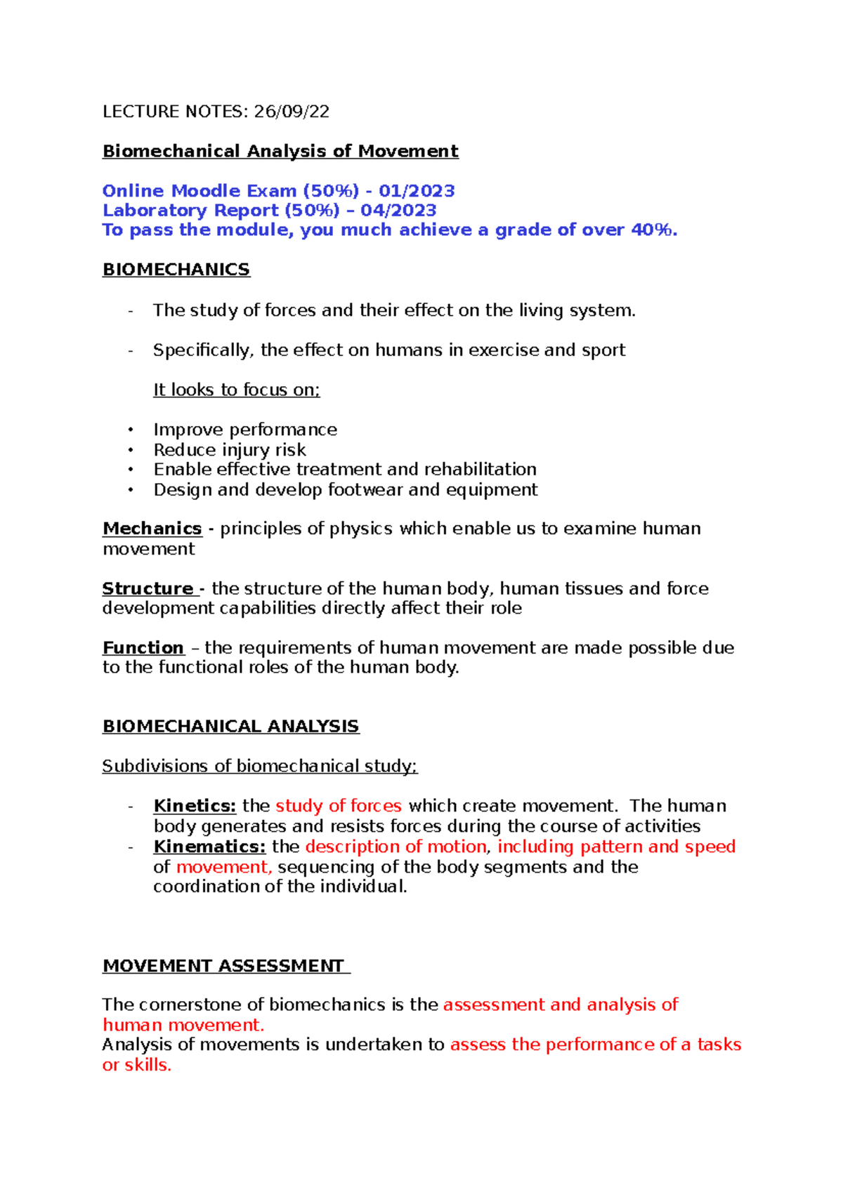 Lecture 1 - Biomechanical analysis of mk - LECTURE NOTES: 26/09 ...