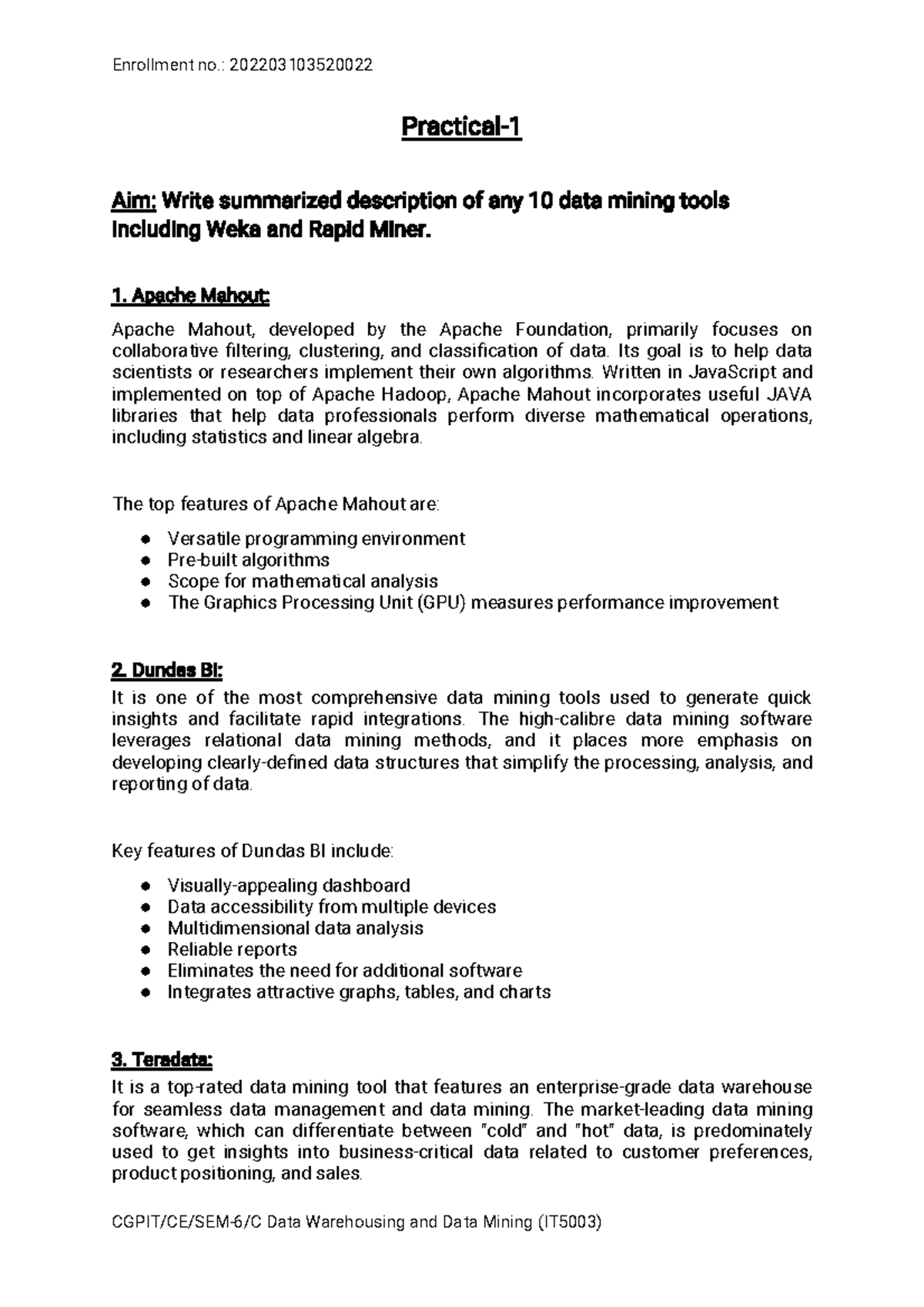 DWDM Lecture notes - Practical- Aim: Write summarized description of ...