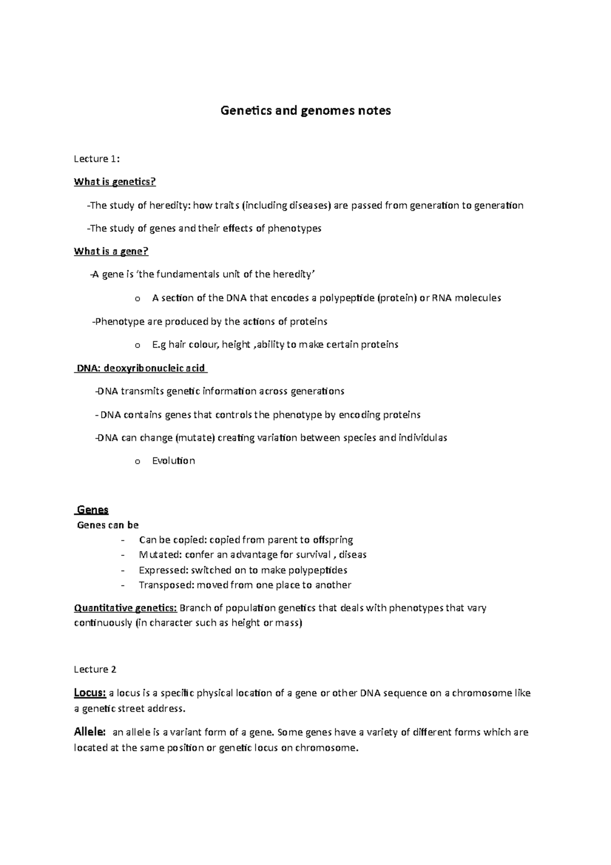 Genetics And Genomes Lecture Notes Genetics And Genomes Notes Lecture 1 What Is Genetics