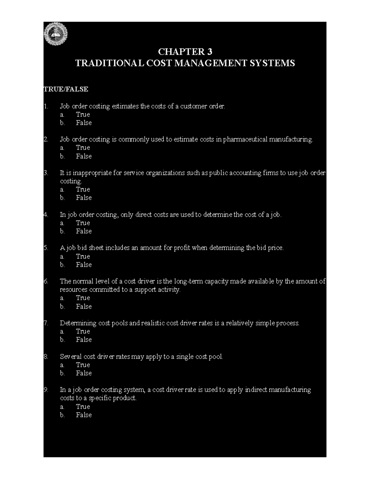 CHAP 03 - MANAGEMENT ACCOUNTING PRACTICE TEST CHAPTER 3 - CHAPTER 3 ...