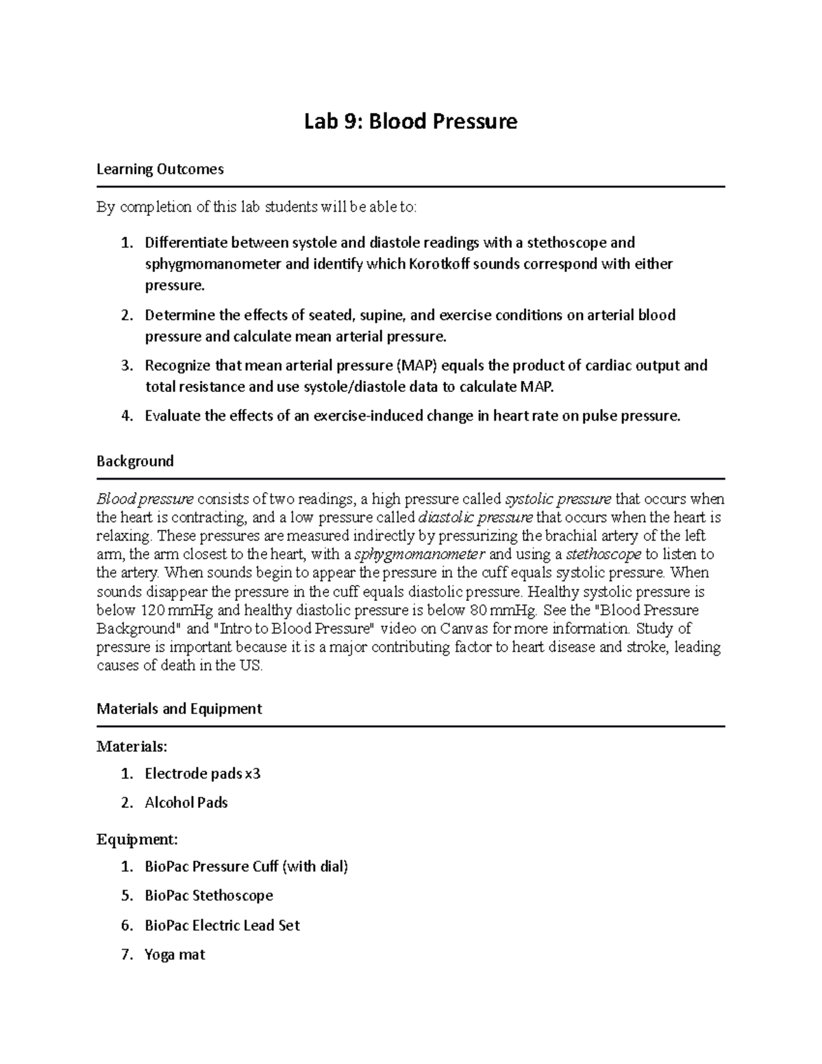 BIO 235L Lab 9 - Lab 9: Blood Pressure Learning Outcomes By completion ...
