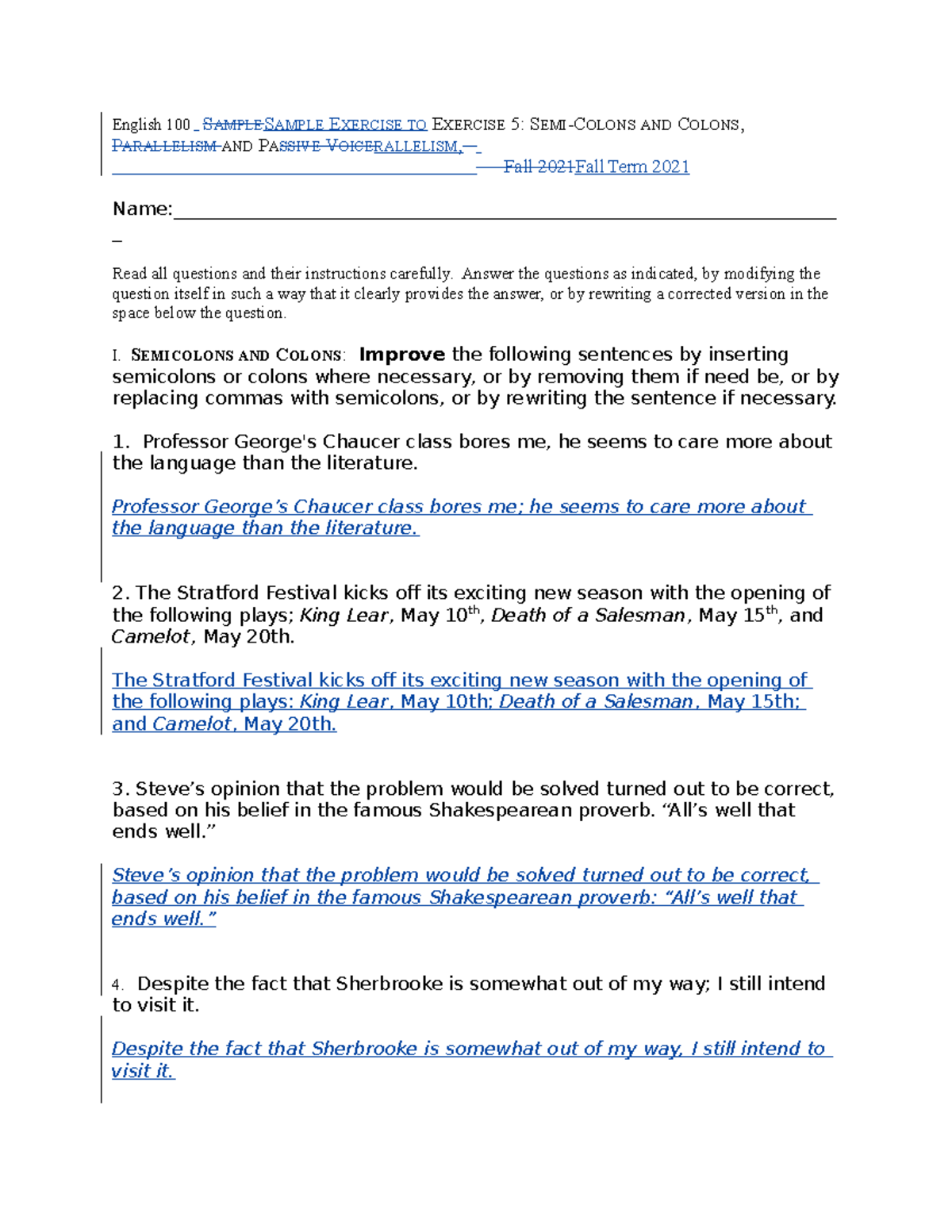 100 Sample Exercise for Grammar Exercise 5 Semicolons and Colons and ...