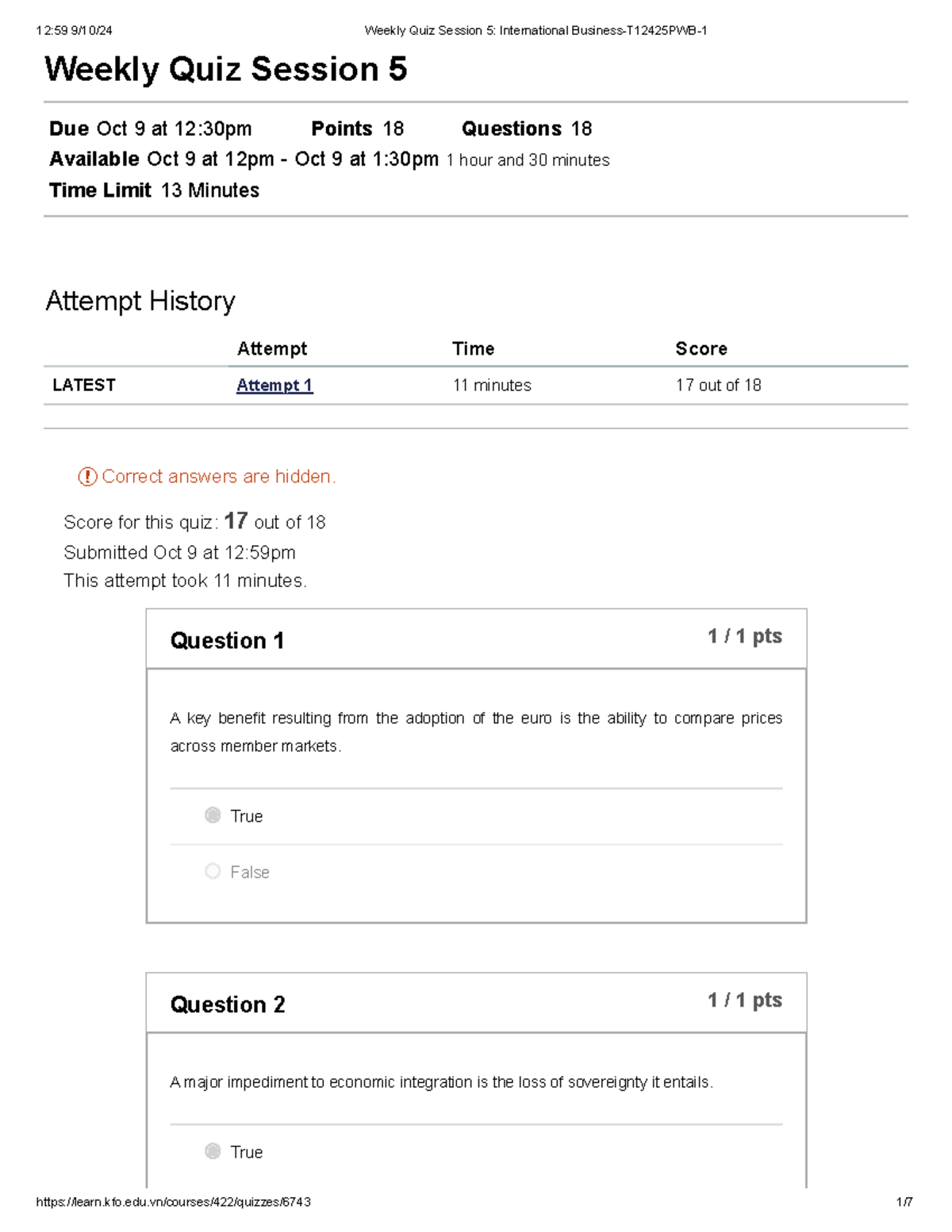 Weekly Quiz Session 5 International Business-T12425 PWB-1 - Weekly Quiz Session 5 Due Oct 9 at ...