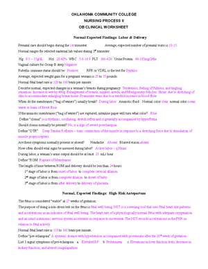 OB Expected Findings preplanning - NURSING PROCESS II OB CLINICAL ...