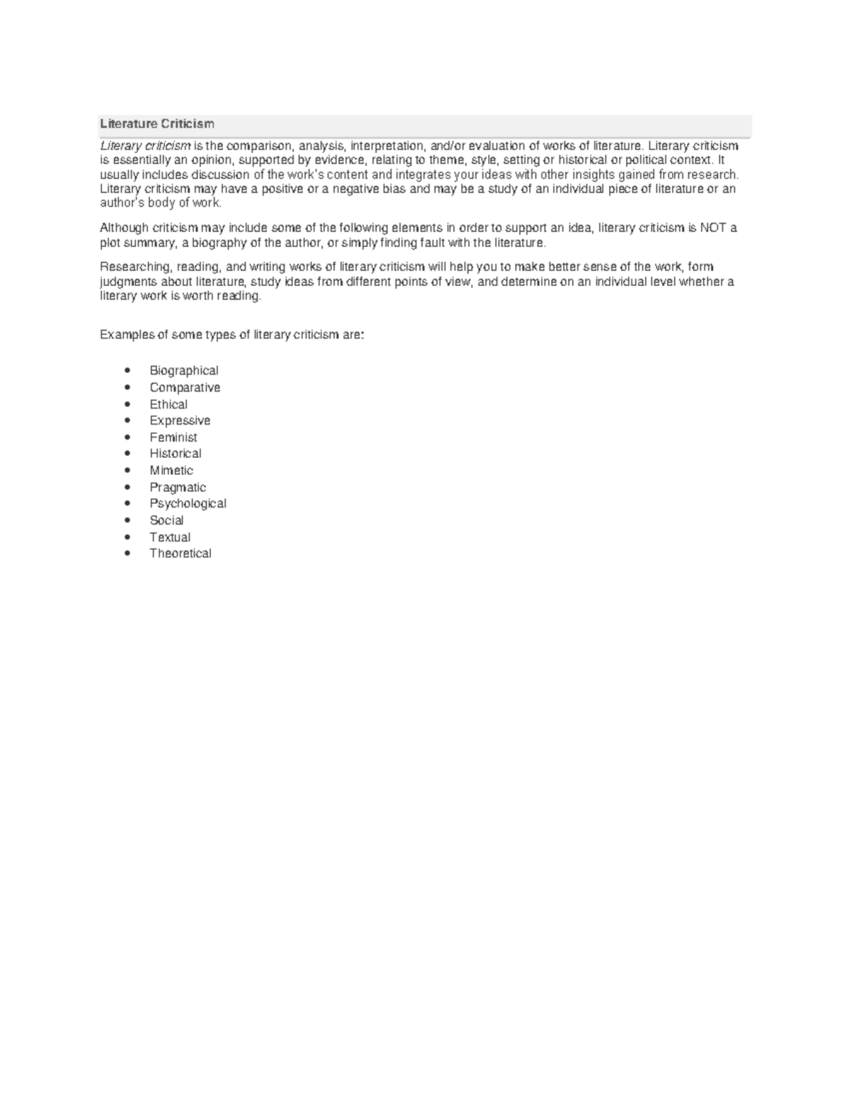 Literature Criticism - lecture notes - Literature Criticism Literary ...