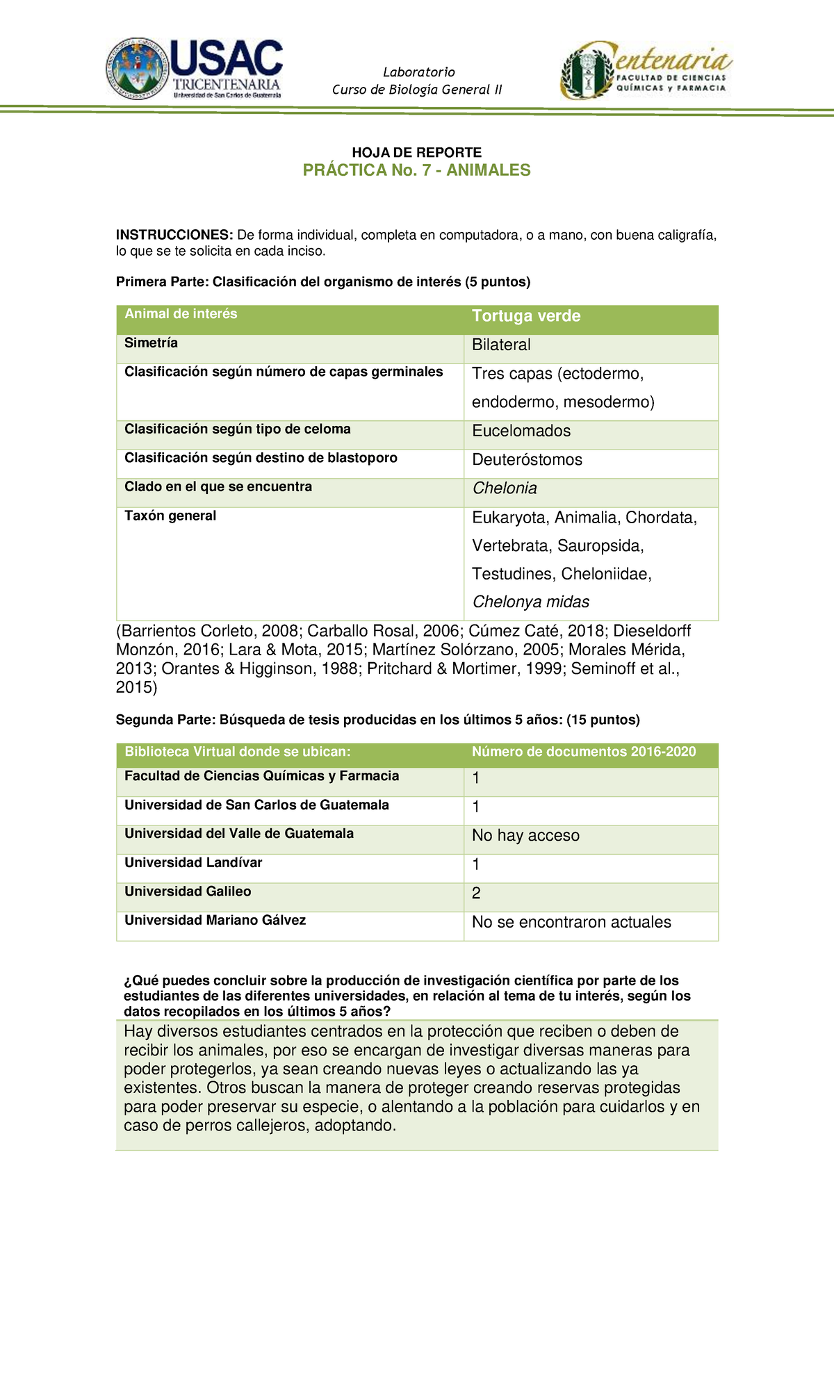 Reporte Animales - Curso de Biología General II HOJA DE REPORTE ...