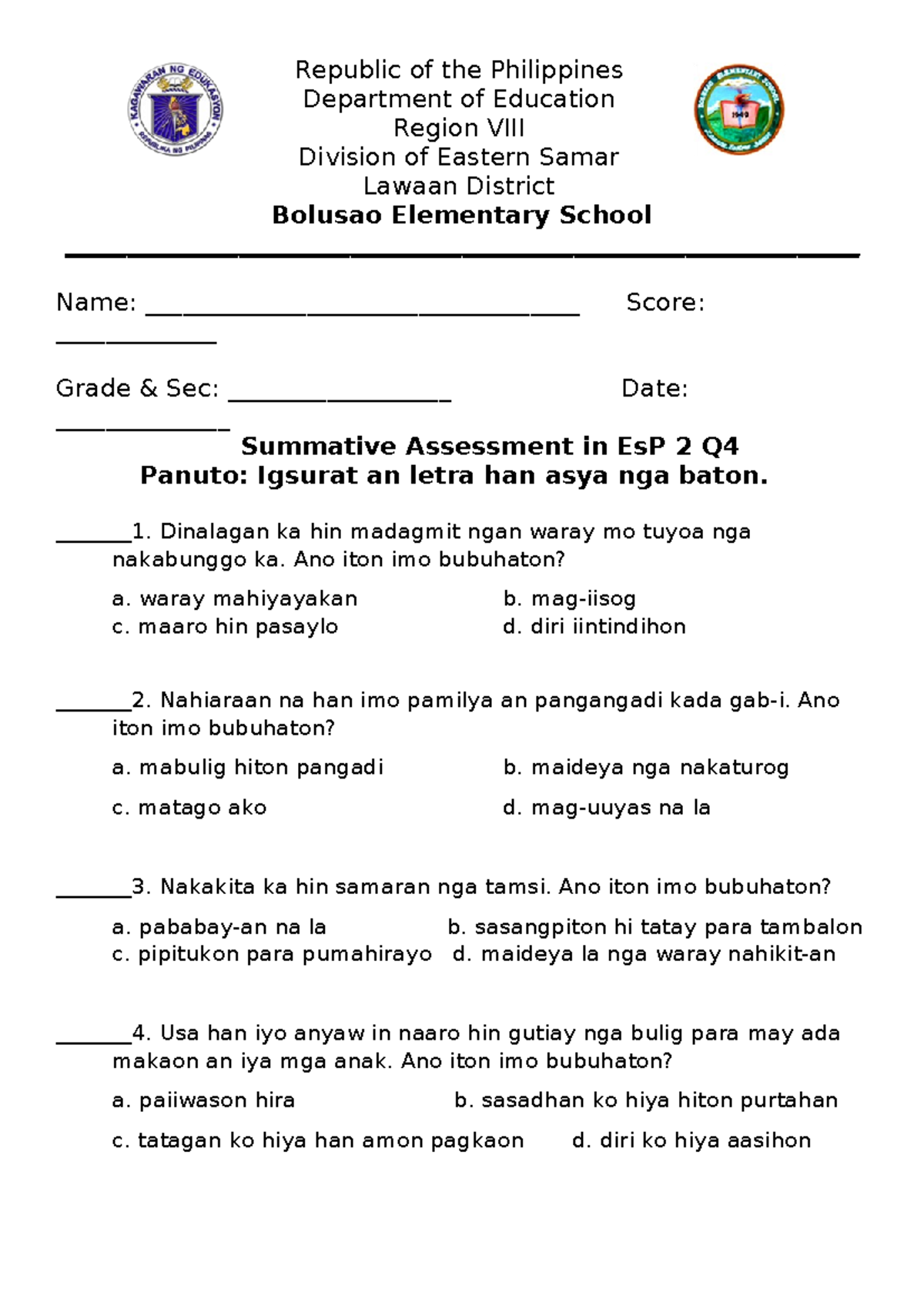 Summative TEST -ESP - Exam for grade 2 - Republic of the Philippines ...